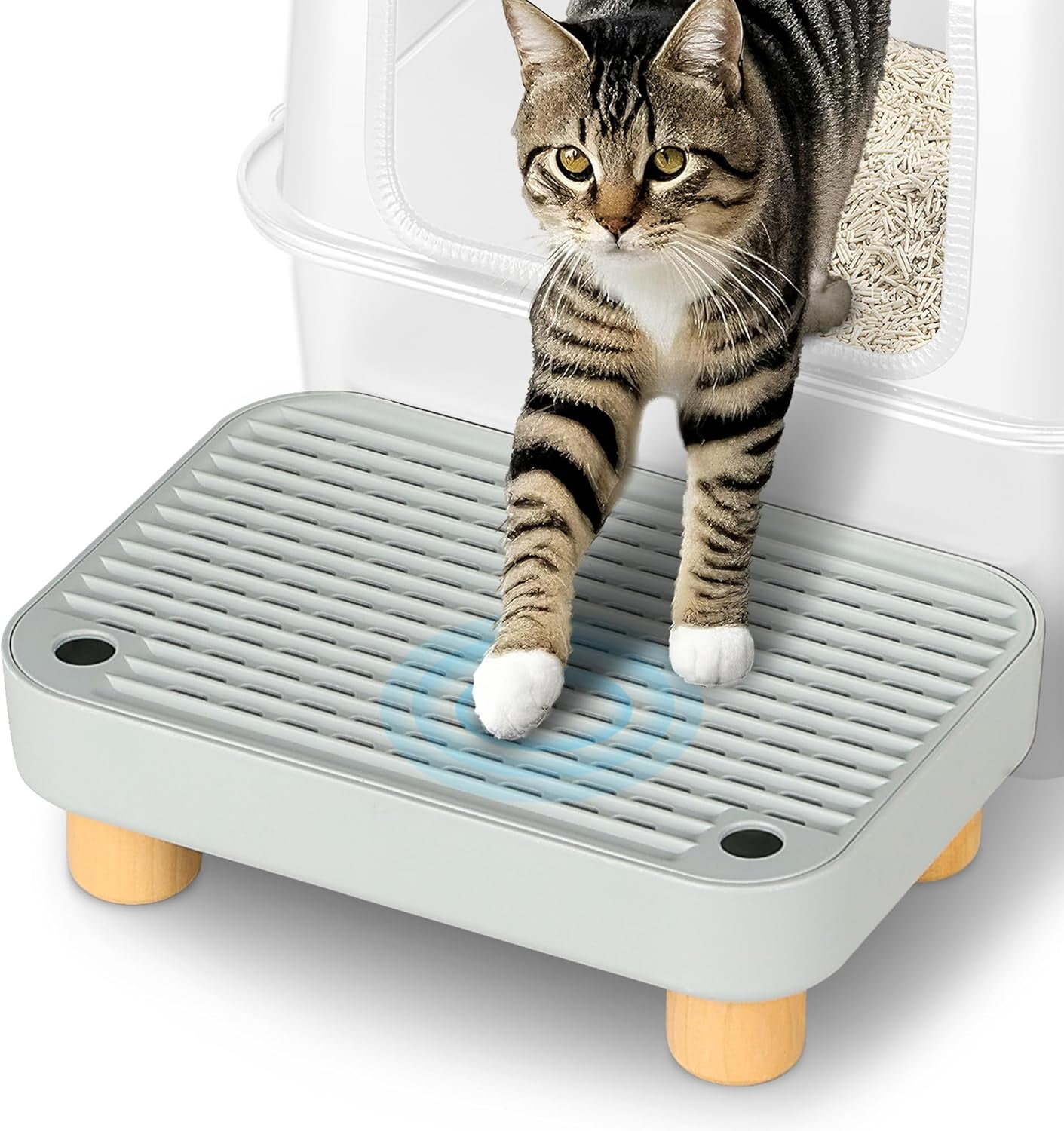 Litter Box Step, Litter Box Ramp/Catcher with Wooden Base, Anti ...