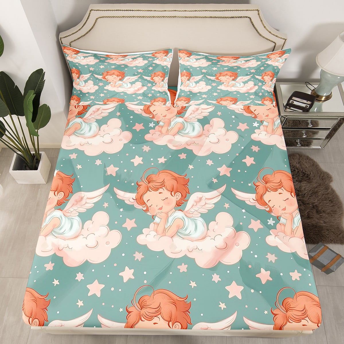 Little Angel Fitted Sheet Dreamy Cartoon Queen Bed Sheets Angel Halo ...