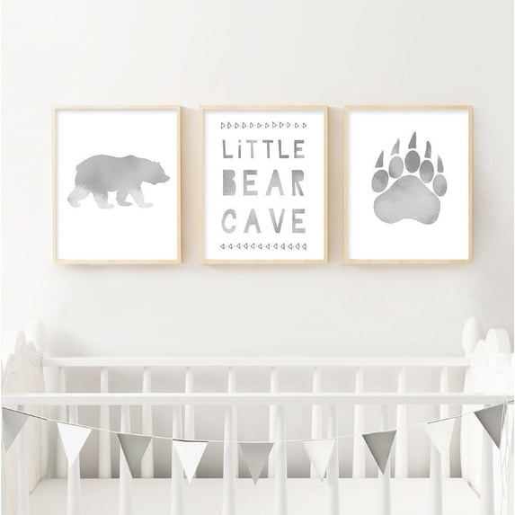 Little Bear Cave Prints Light Grey Nursery Art Woodland Nursery Art ...