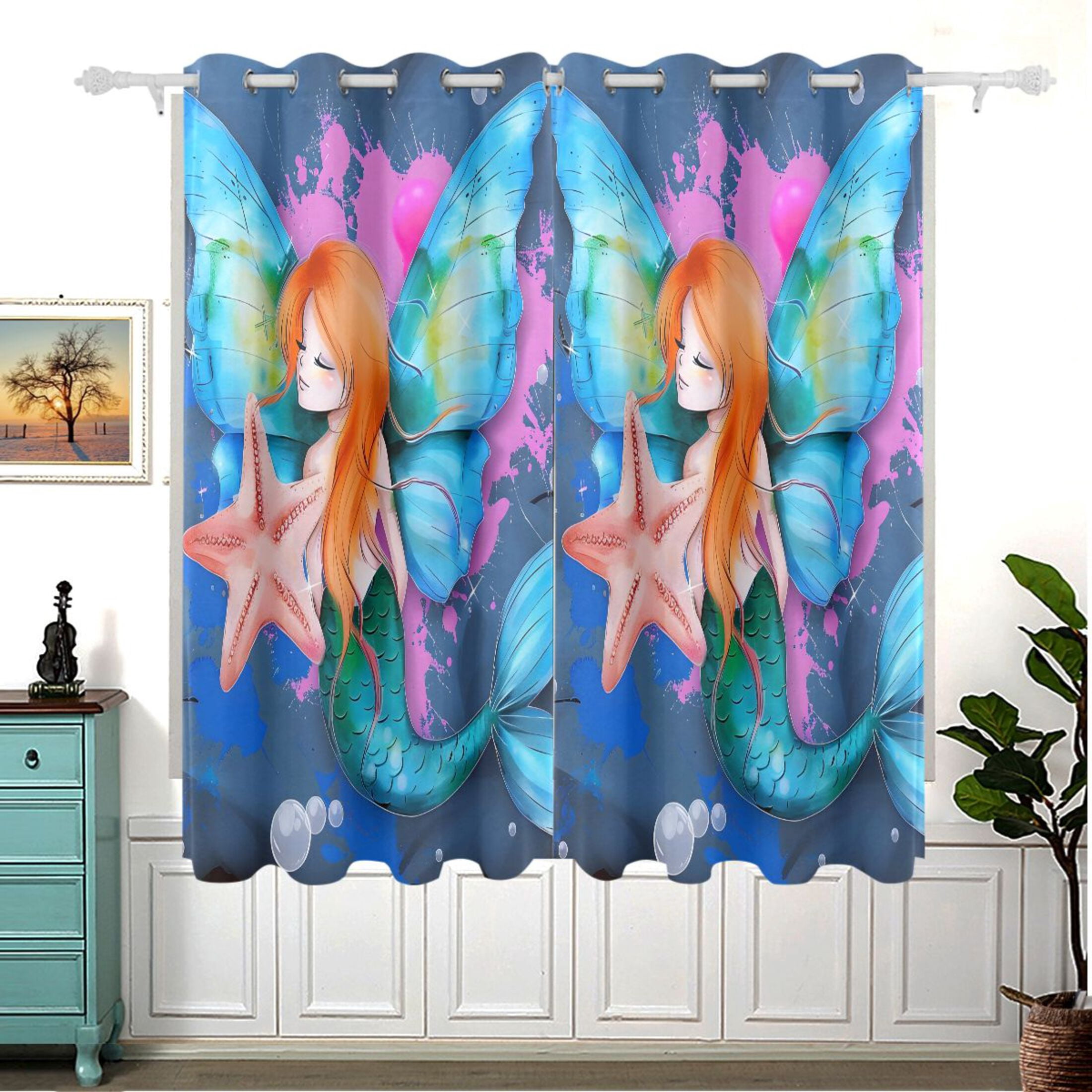 Little Beautiful Mermaid Blackout Curtains for Bedroom 63x55 in 2 ...