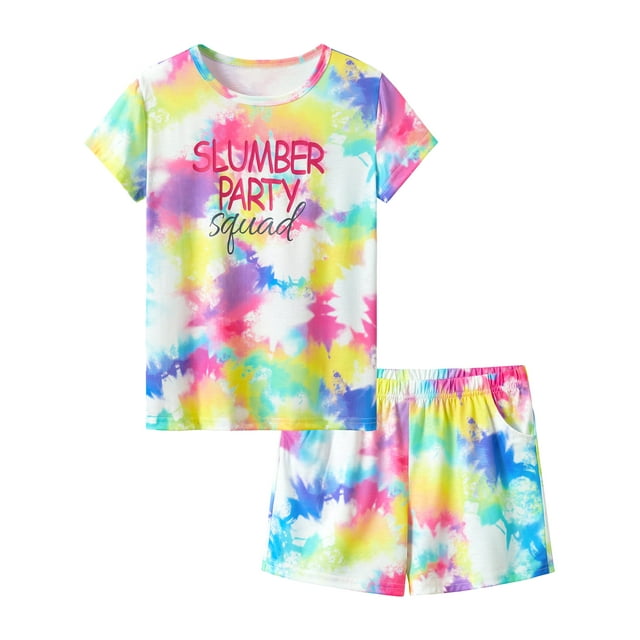 Little & Big Girls Summer Tee & Shorts Tie Dye Slumber Party Squad Pajamas Kids PJ Set Sleepwear ...