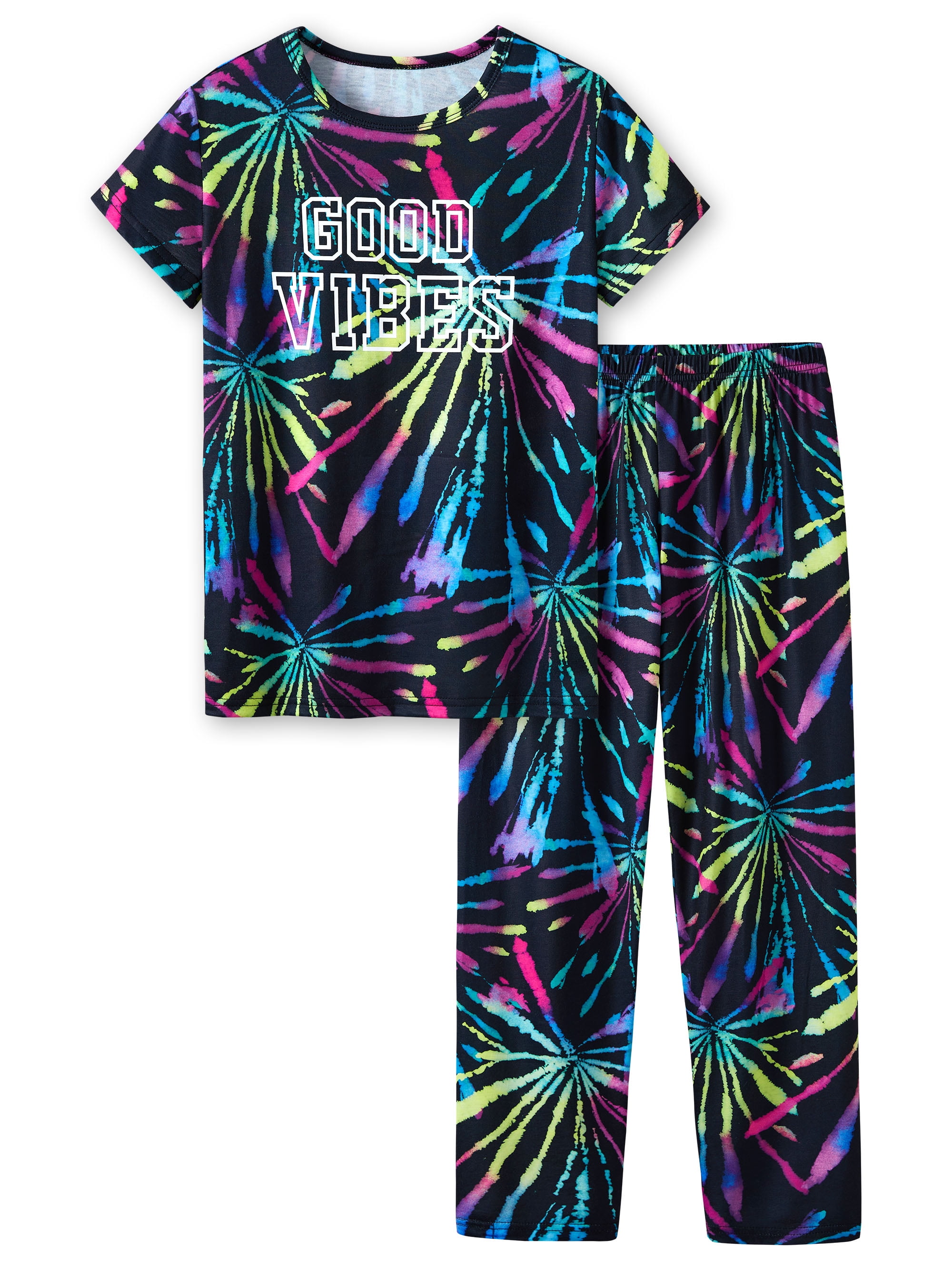 Little & Big Girls Tie Dye Good Vibes Pajamas Summer Tee & Pants 2 ...