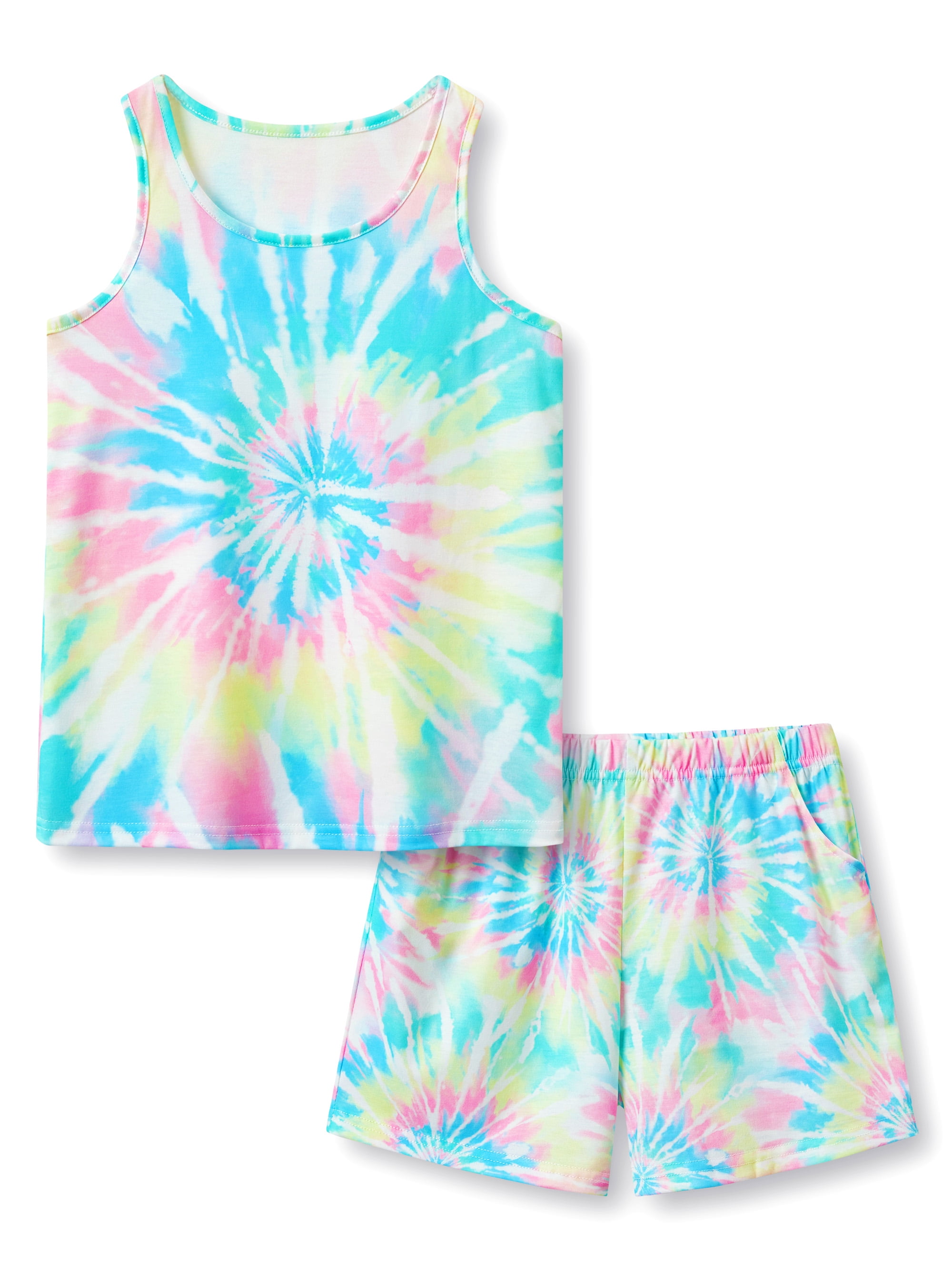 Little & Big Girls Tie Dye Rainbow Swirl Pajamas Tank Top & Shorts 2-Piece Sleepwear Set Cute ...