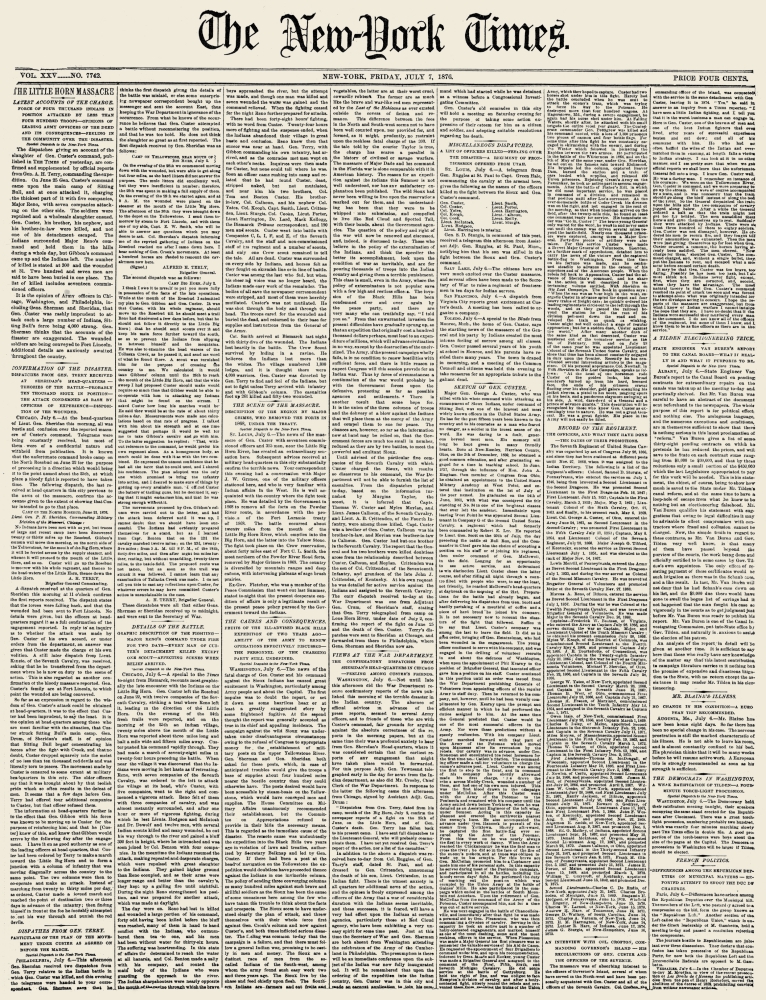 Little Bighorn, 1876. /Narticle In The New York Times, 7 July 1876 ...