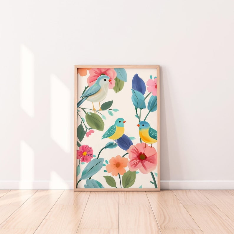 Little Birds Summer Spring Art Print, Floral Birds Illustration Poster ...