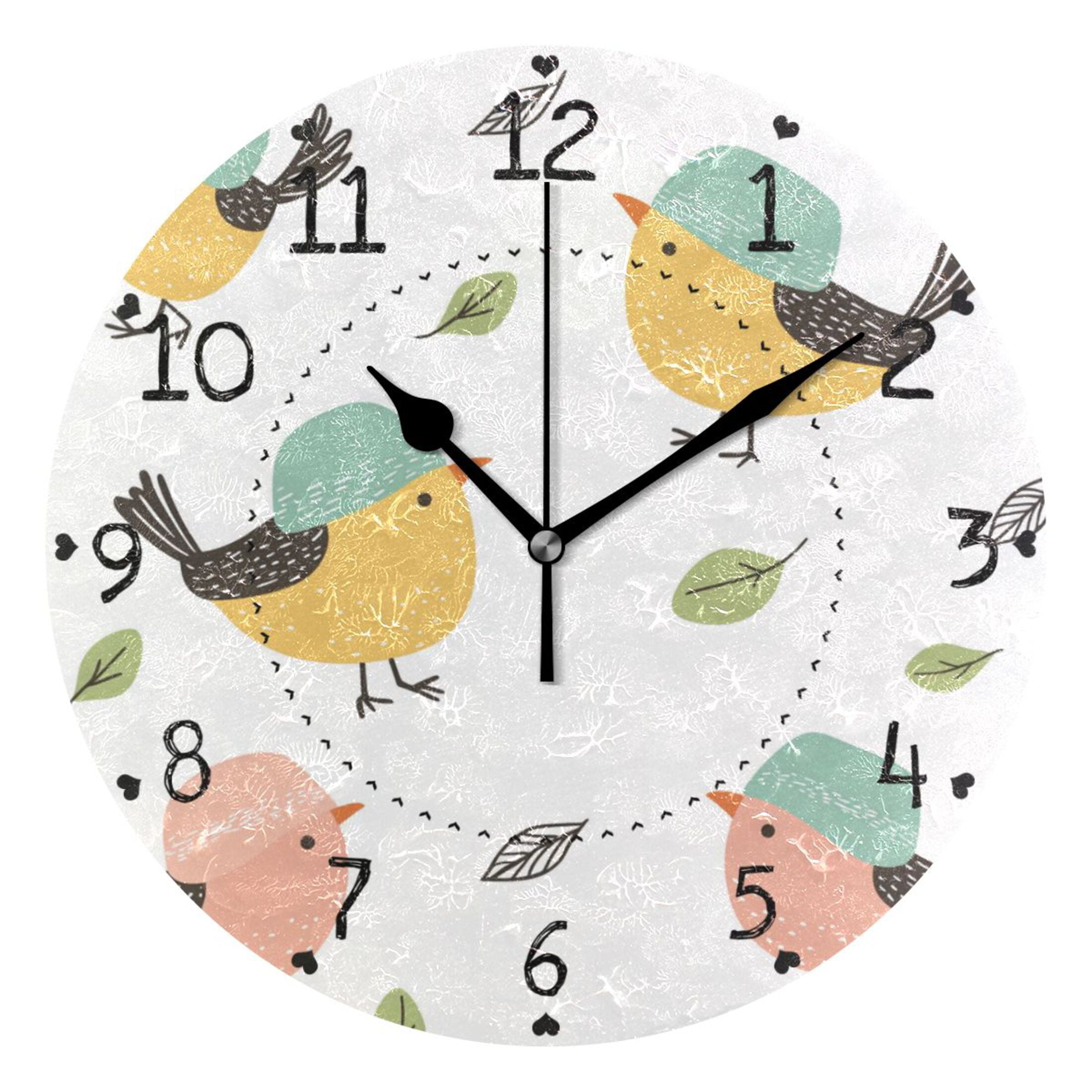 Little Birds with Hats Leaves Round Wall Clock Silent Analog Battery ...