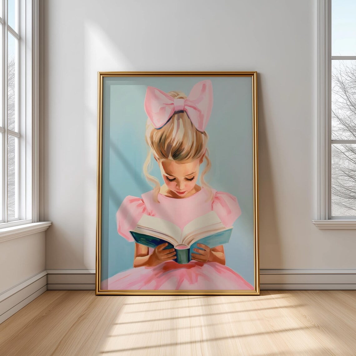 Little Blonde Girl Reading | Pastel Book Nook Wall Art Poster | Pink ...