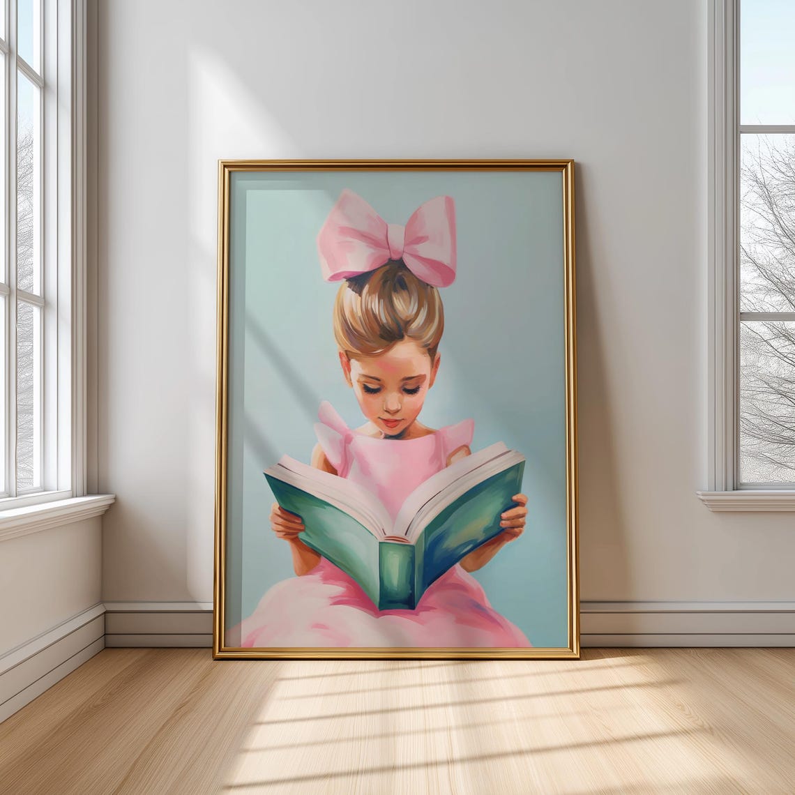 Little Blonde Girl Reading | Pastel Book Nook Wall Art Poster | Pink ...