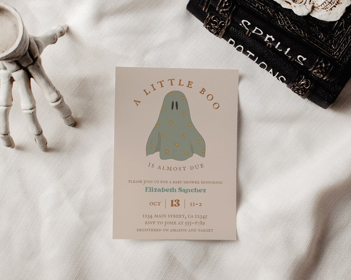 Little Boo Almost Due Baby Shower Invitation, Girl Floral Ghost Invite ...
