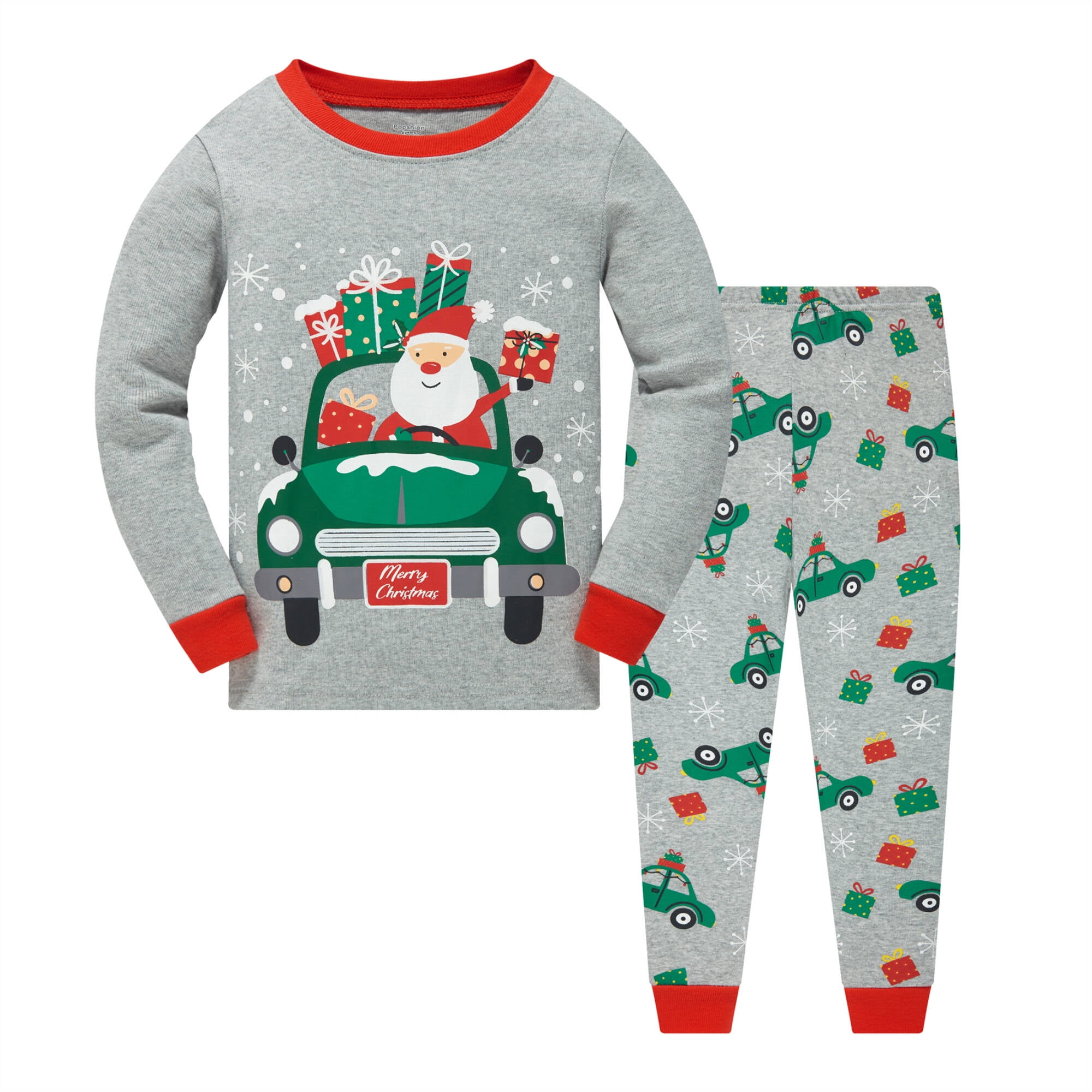 Popshion Toddler Boy's 100% Cotton Holiday Pajamas Set, Long Sleeve 2 ...