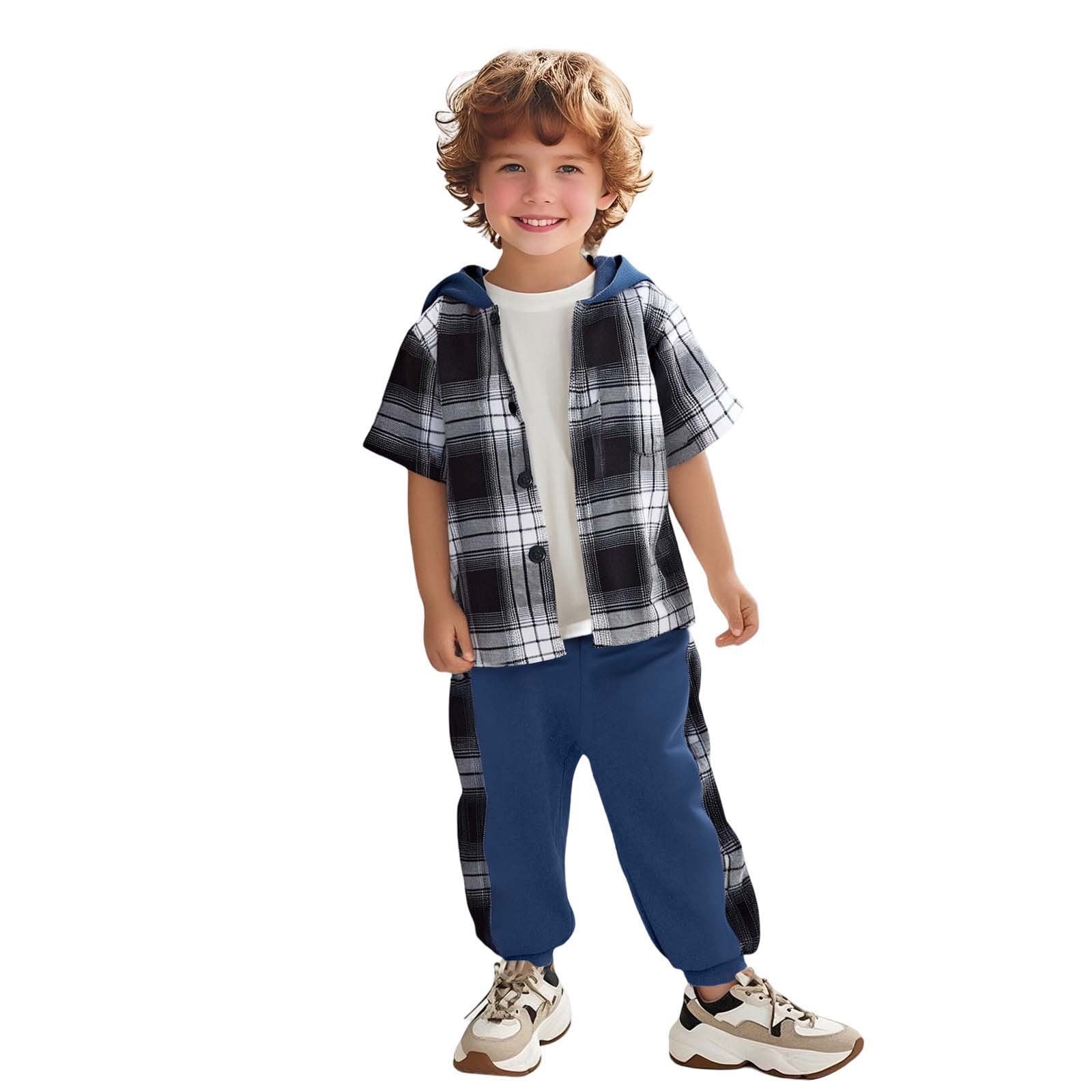 Little Boy Outfit Sets Short Sleeve Patchwork Print Hooded Tops Pants ...