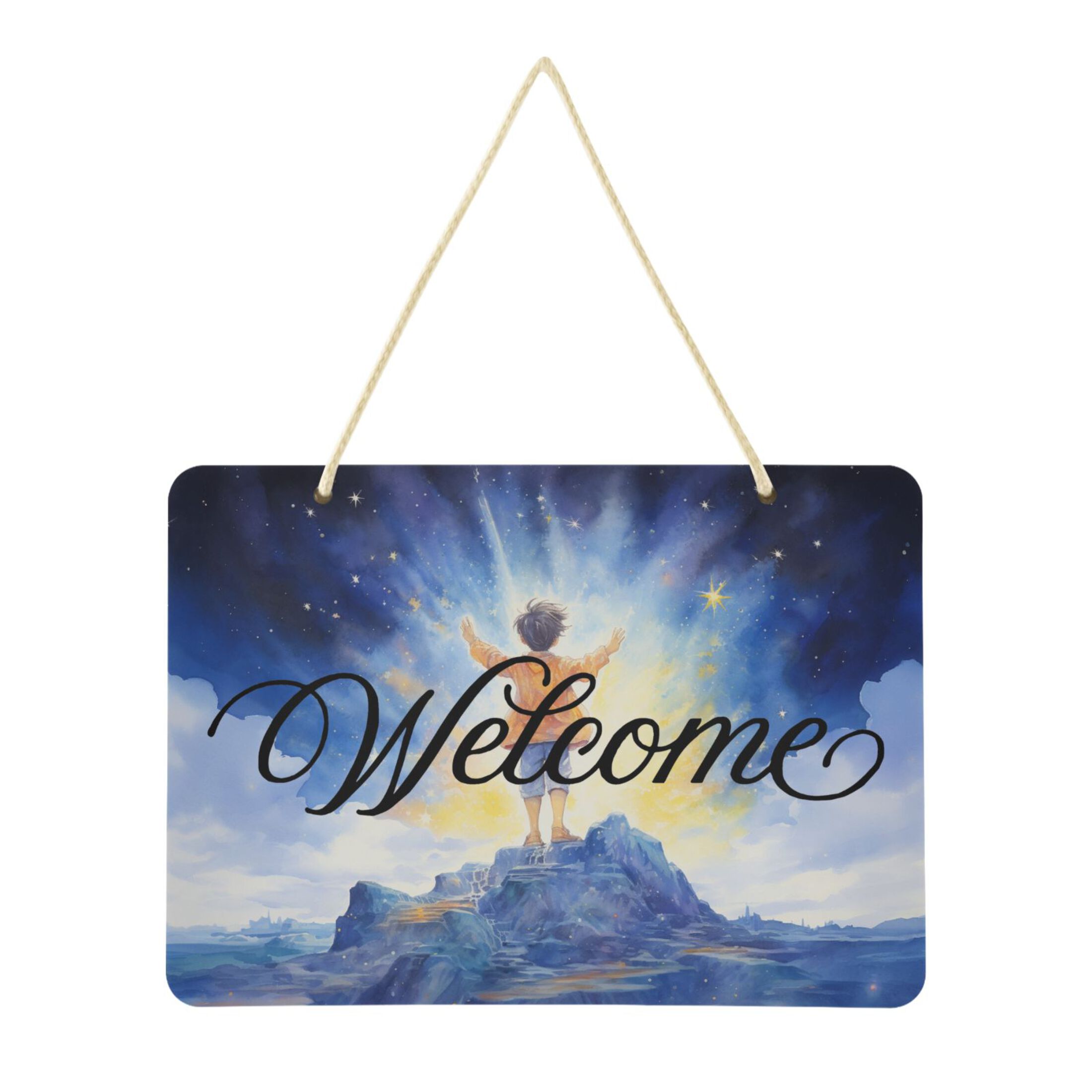 Little Boy on Mountain Welcome Sign Front Door PVC 14x10 inch Hanger ...