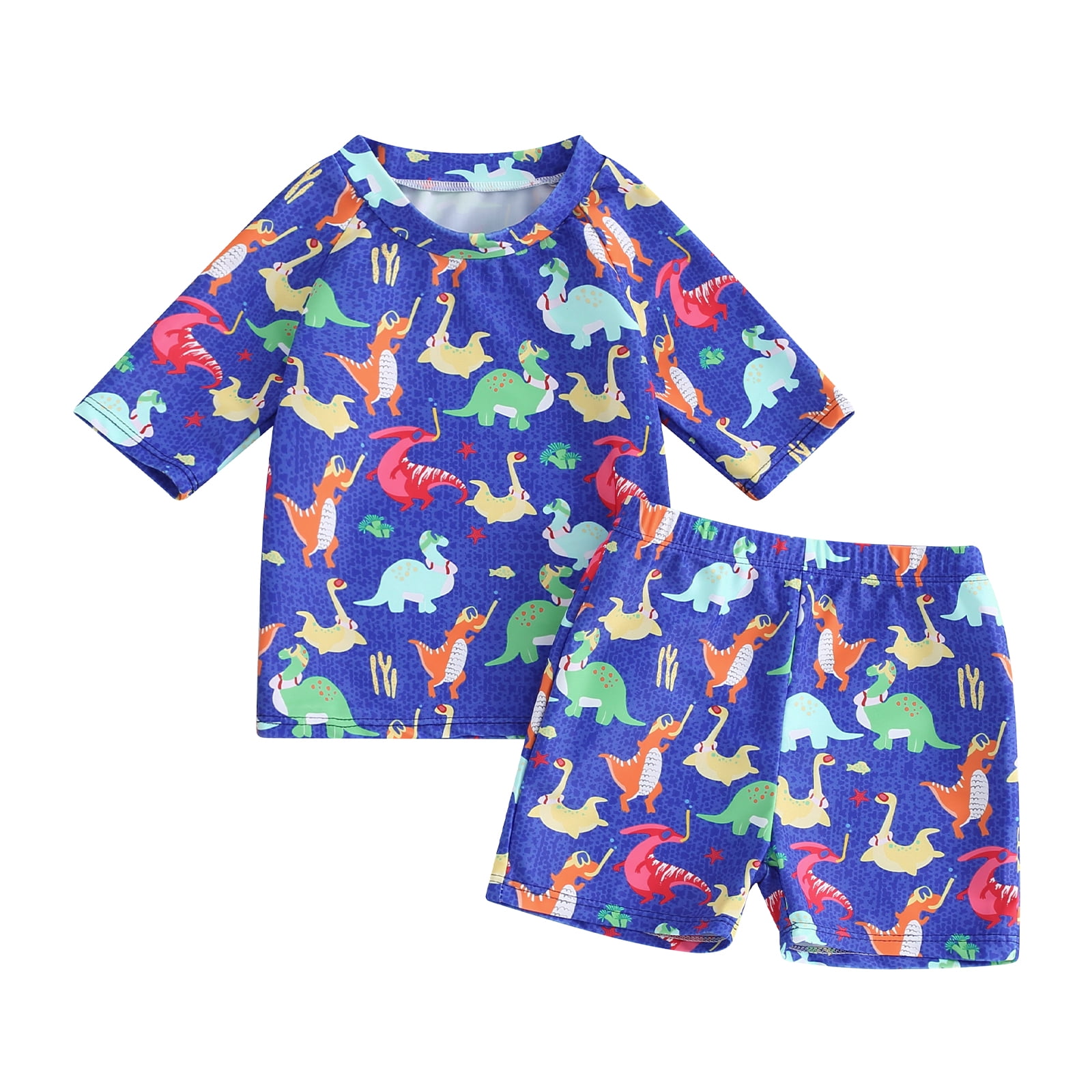 Little Boys 2 Piece Dinosaur Swimsuit Set, Round Neck Short Sleeve Rash ...