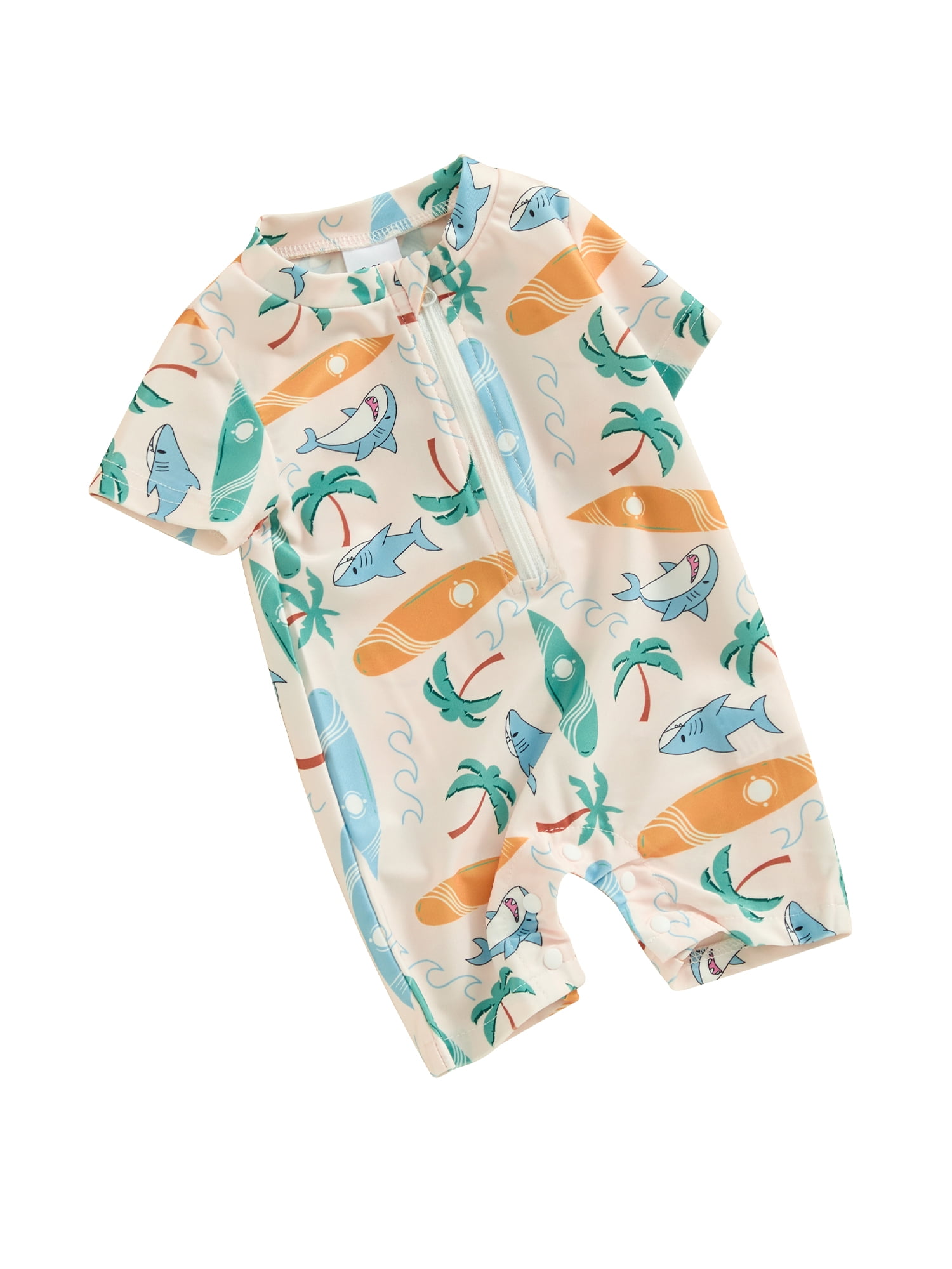 Little Boys Short Sleeve Swimsuit Round Neck Whale Print Zip UP Rash ...