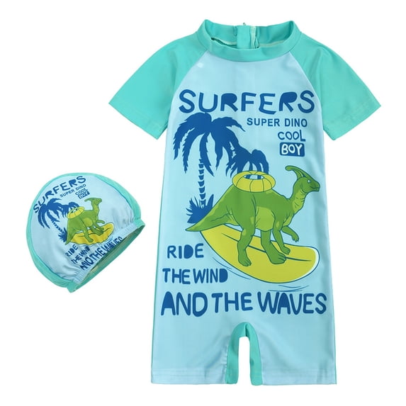Little Boys Swim Set Kids Dinosaur One-Piece Zipper With Hat Rash Guard ...