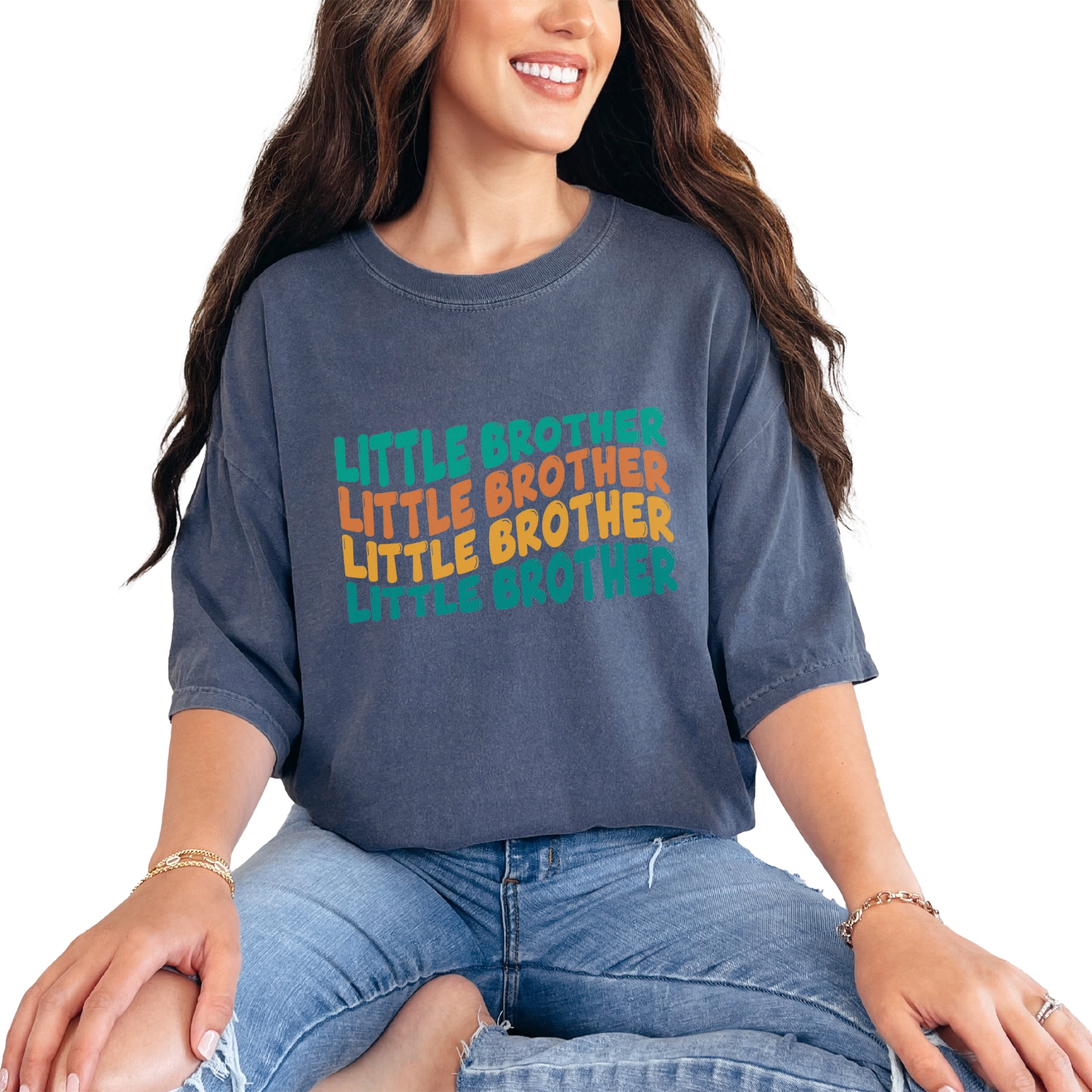 Little Brother, Family Themed, Groovy Retro Wavy Text, Denim Comfort ...