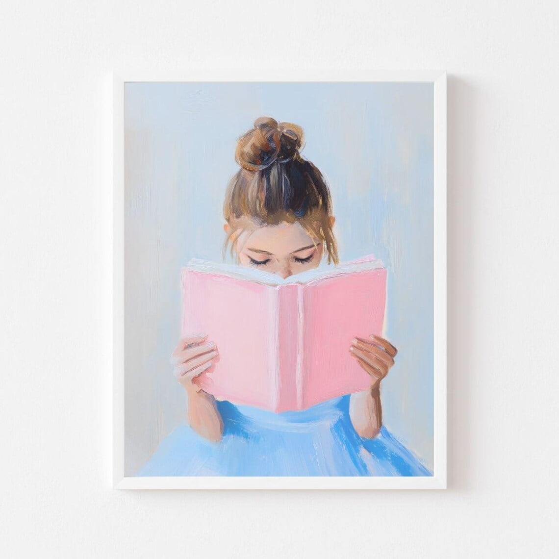 Little Brunette Girl Reading Painting Pastel Book Nook Wall Art Print ...