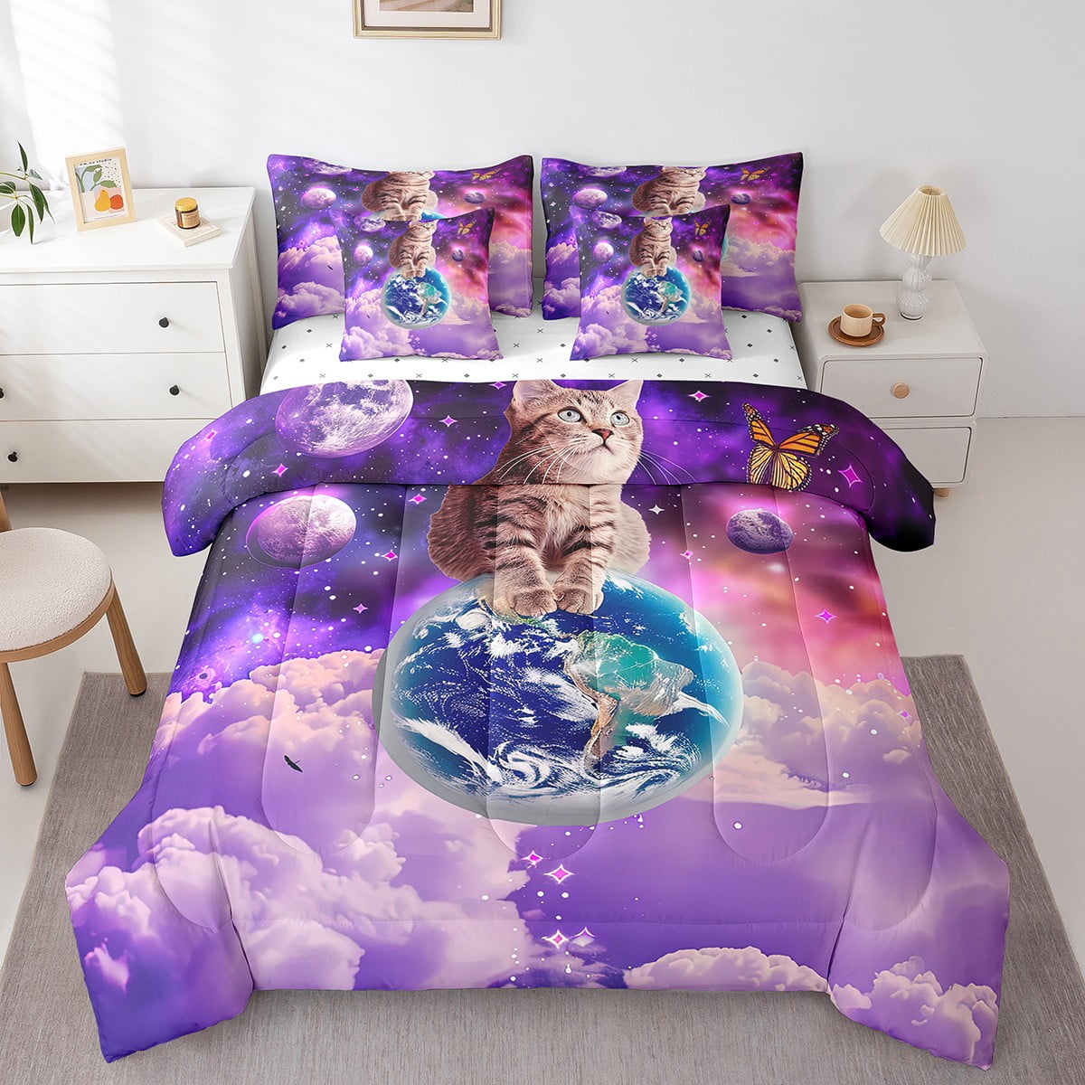Cat Bed in a Bag 7 Piece,Cute Kitten Bedding Sets Galaxy Starry Sky ...