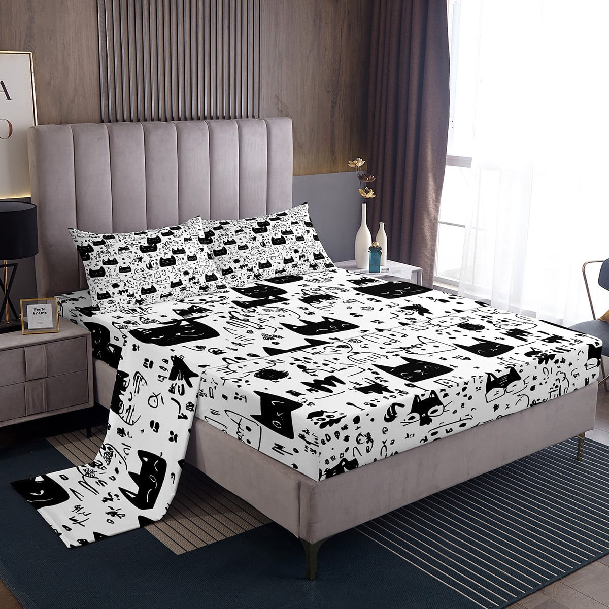 Little Cat Bed Sheets Set Abstract Sheet Set King,Hand Drawn Kitten ...