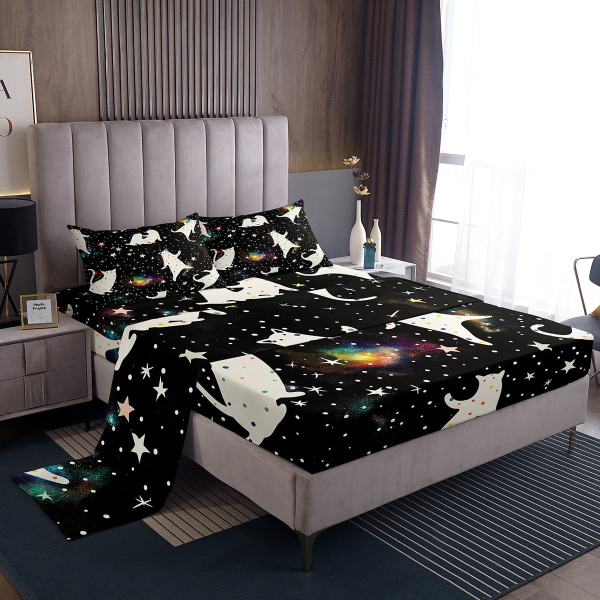 Little Cat Bed Sheets Set Galaxy Sheet Set Twin,Universe Stars Sheets Cosmic Starry Sky Bedding ...
