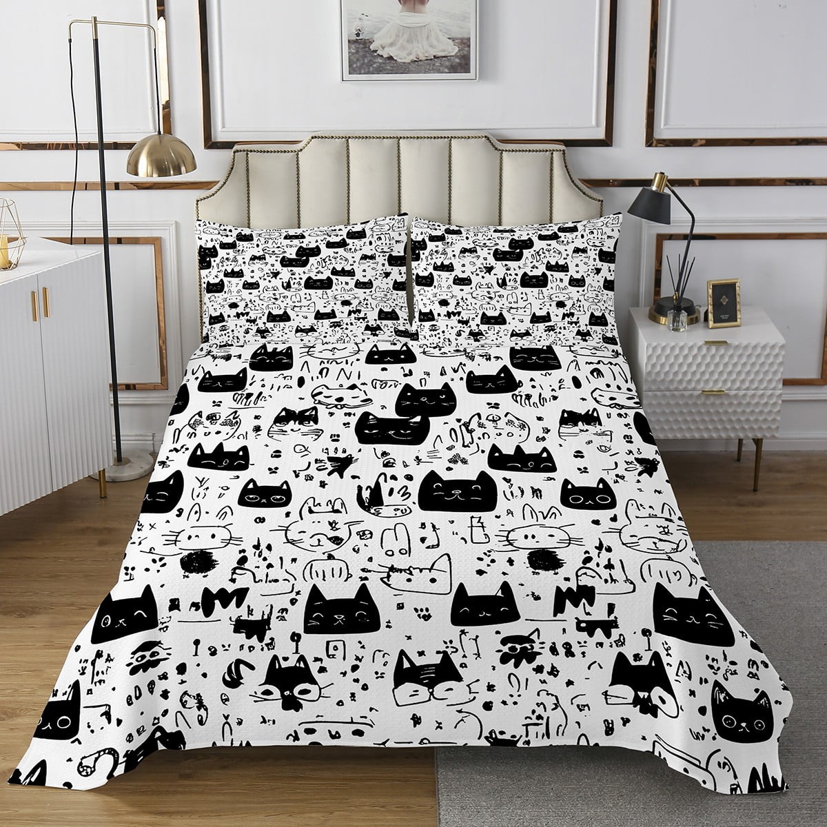 Little Cat Bedspread Set Abstract Quilt Set King,Hand Drawn Kitten ...