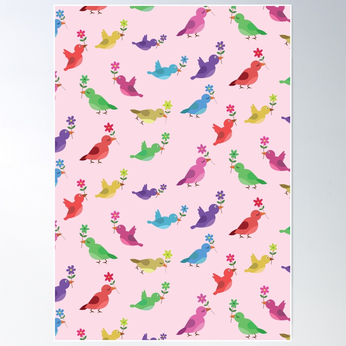 Little Colorful Birds Carrying Flowers Pattern Poster Wall Art, Modern ...