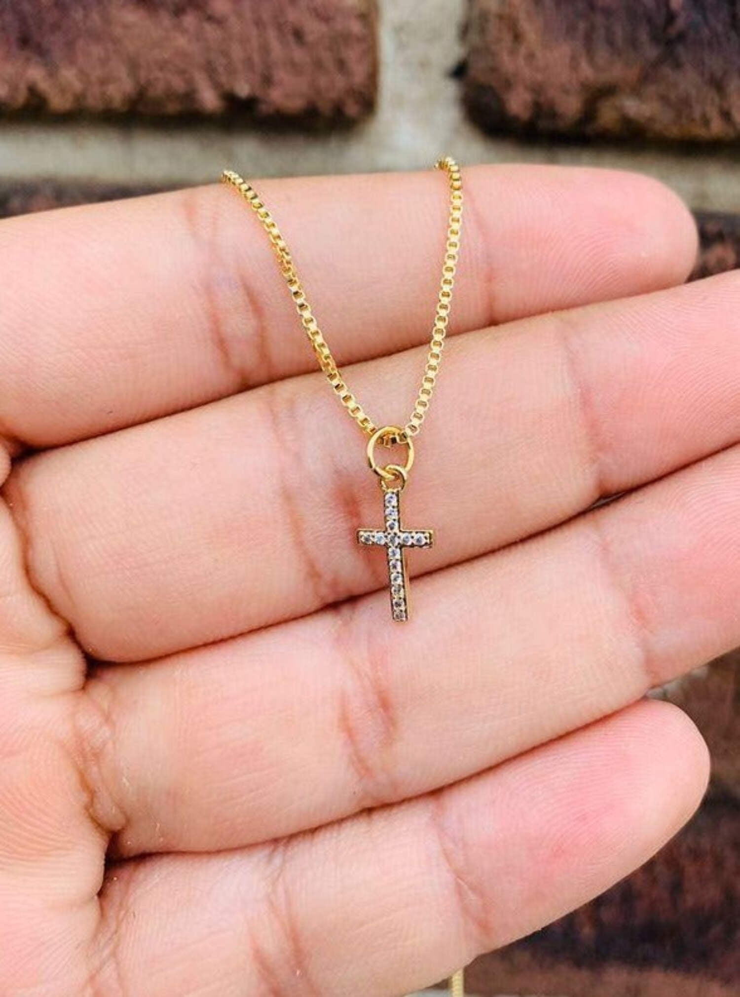 Little Cross Necklace for Women / Box Link Chain 20" 14x7mm / Tiny ...