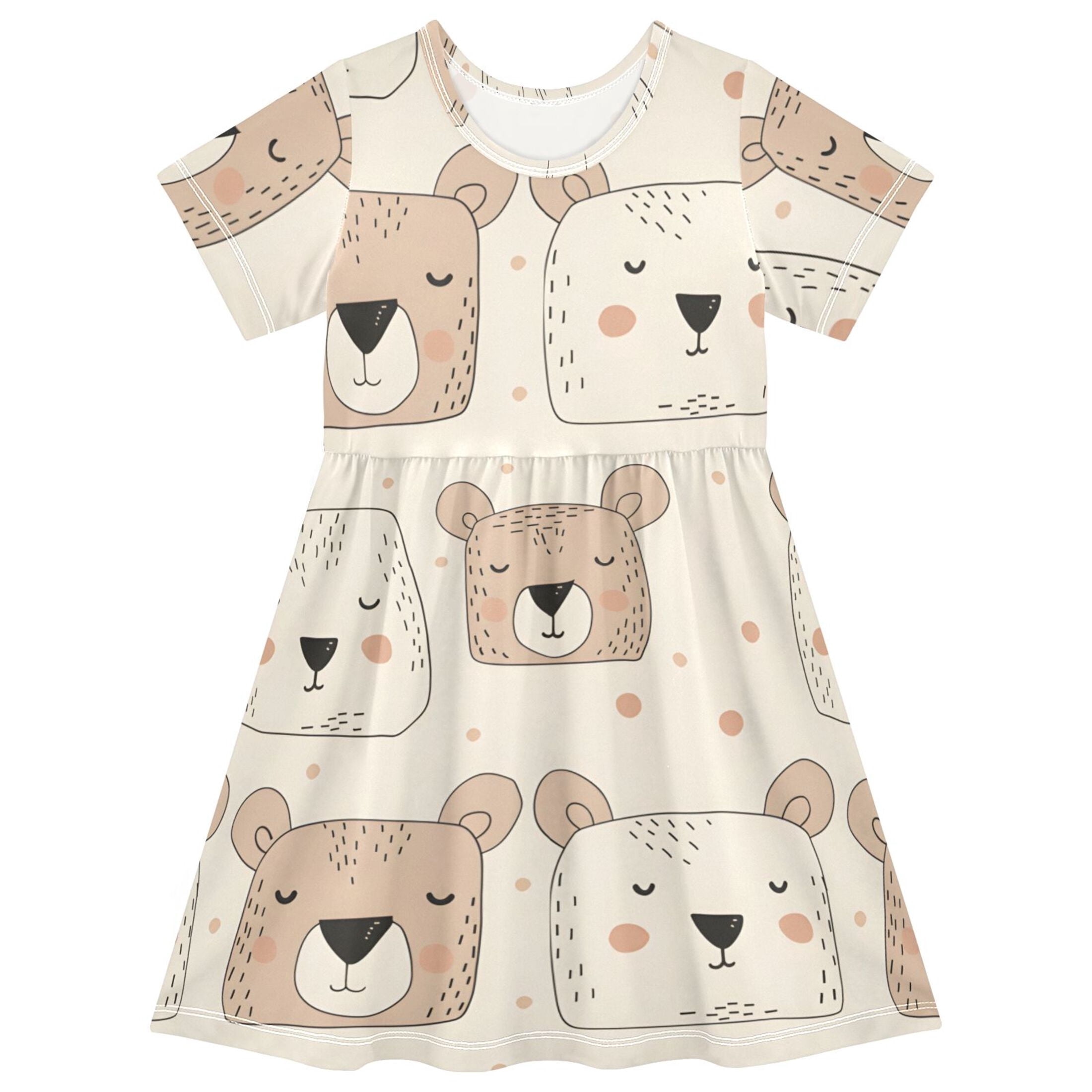 Little Cutie Bear Faces Girls' Short Sleeve Dress A-Line One-Piece ...