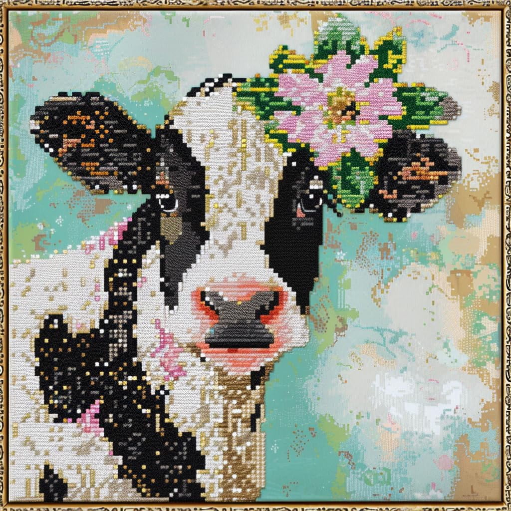 Little Dairy Cow with Flower on Head DIY 11CT Stamped Cross Stitch Kits for Beginners Easy ...