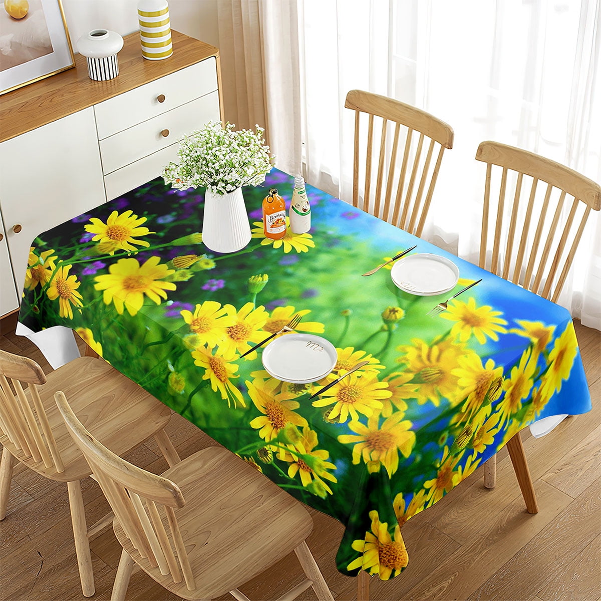 Little Daisy Rectangular Tablecloth Various Flower Plant Theme ration ...