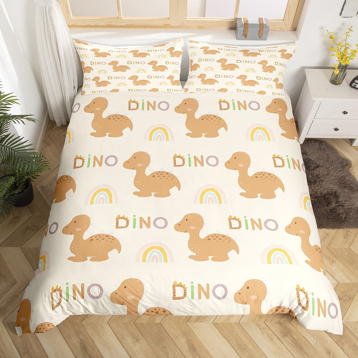 Little Dino Bedding Set Full for Kids Toddlers Brown Dinosaur Comforter ...