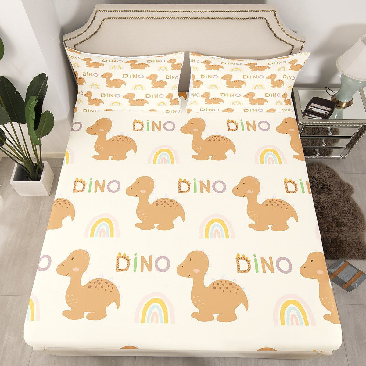 Little Dino Full Sheets Brown Dinosaur Bed Sheets, Beige Fitted Sheet Cute Rainbow Bed Set ...