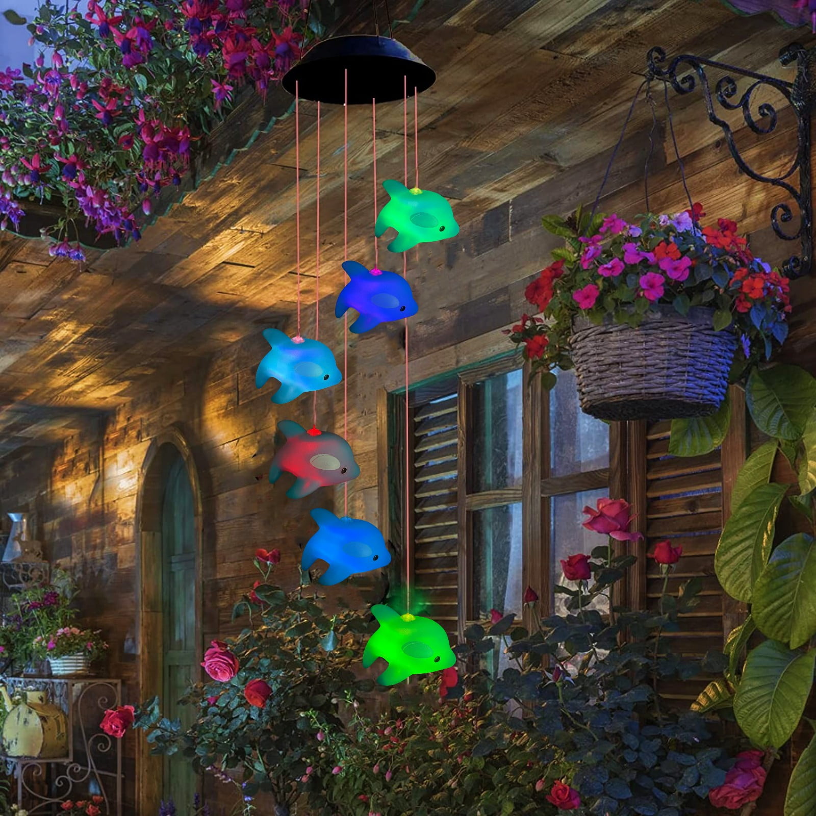 Little Dolphin Solar Powered Wind Chimes, Waterproof Changing Color ...