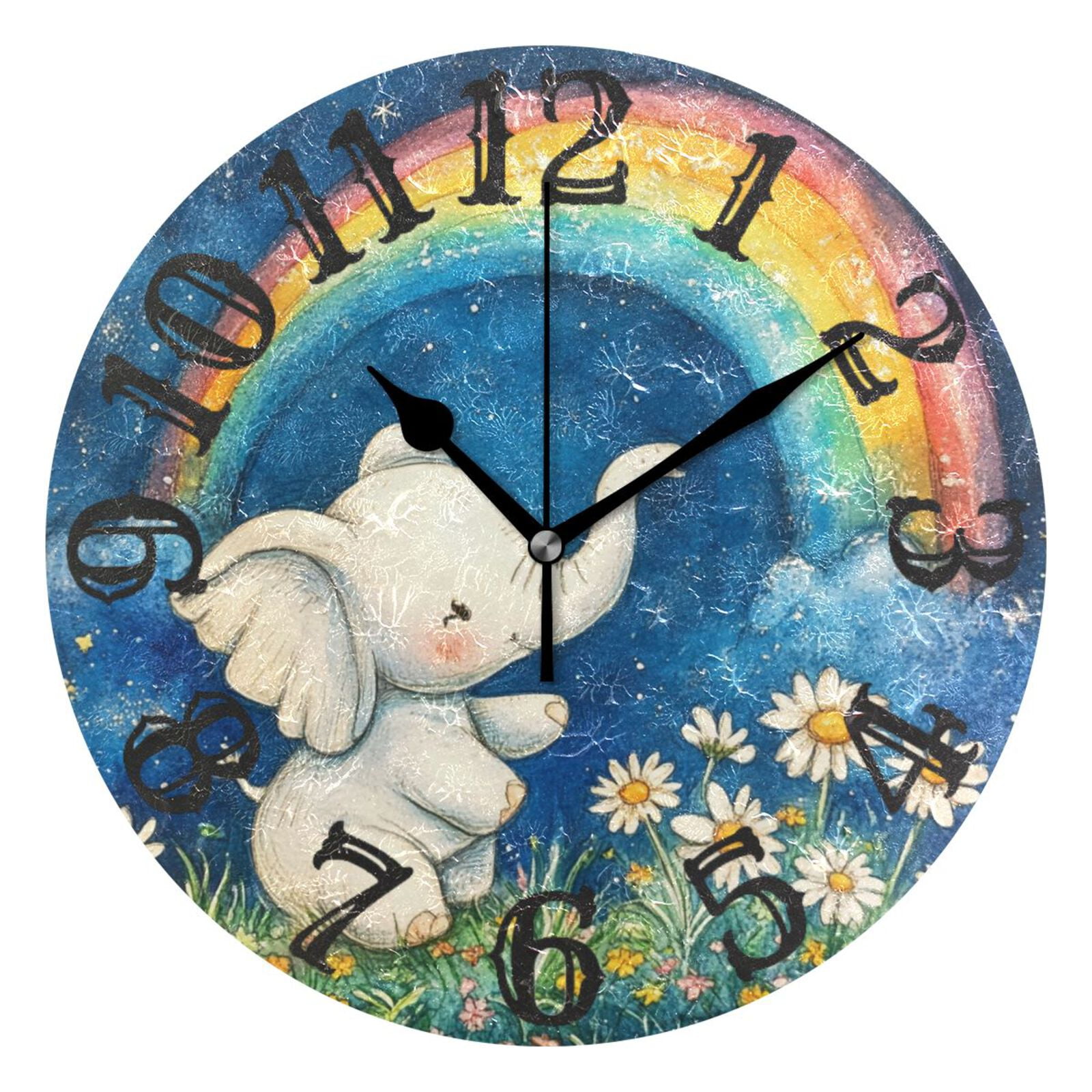 Little Elephants Rainbow Wall Clock 10 inch Non-Ticking Easy to Read ...