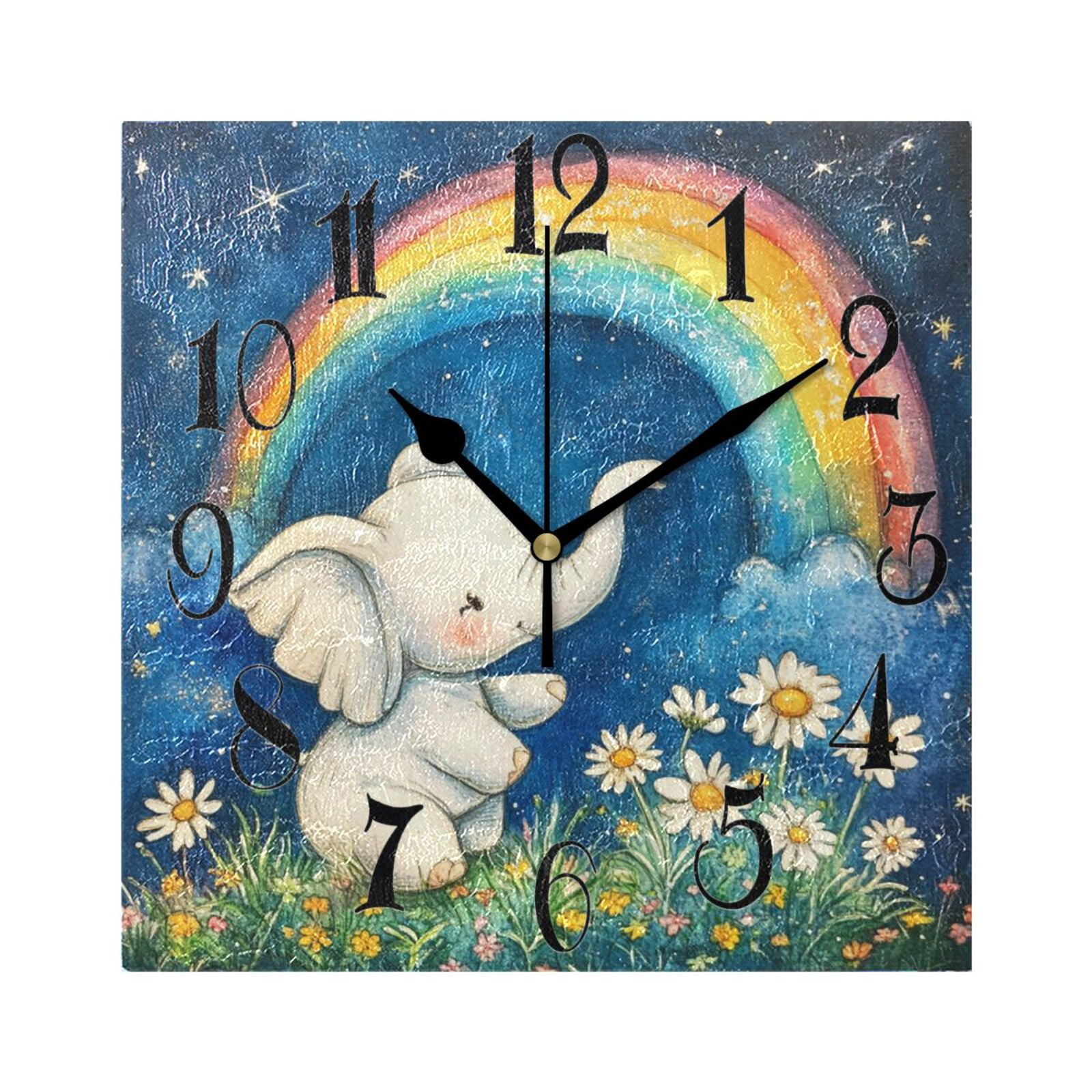Little Elephants Rainbow Wall Clock Decorative Square Silent Non ...