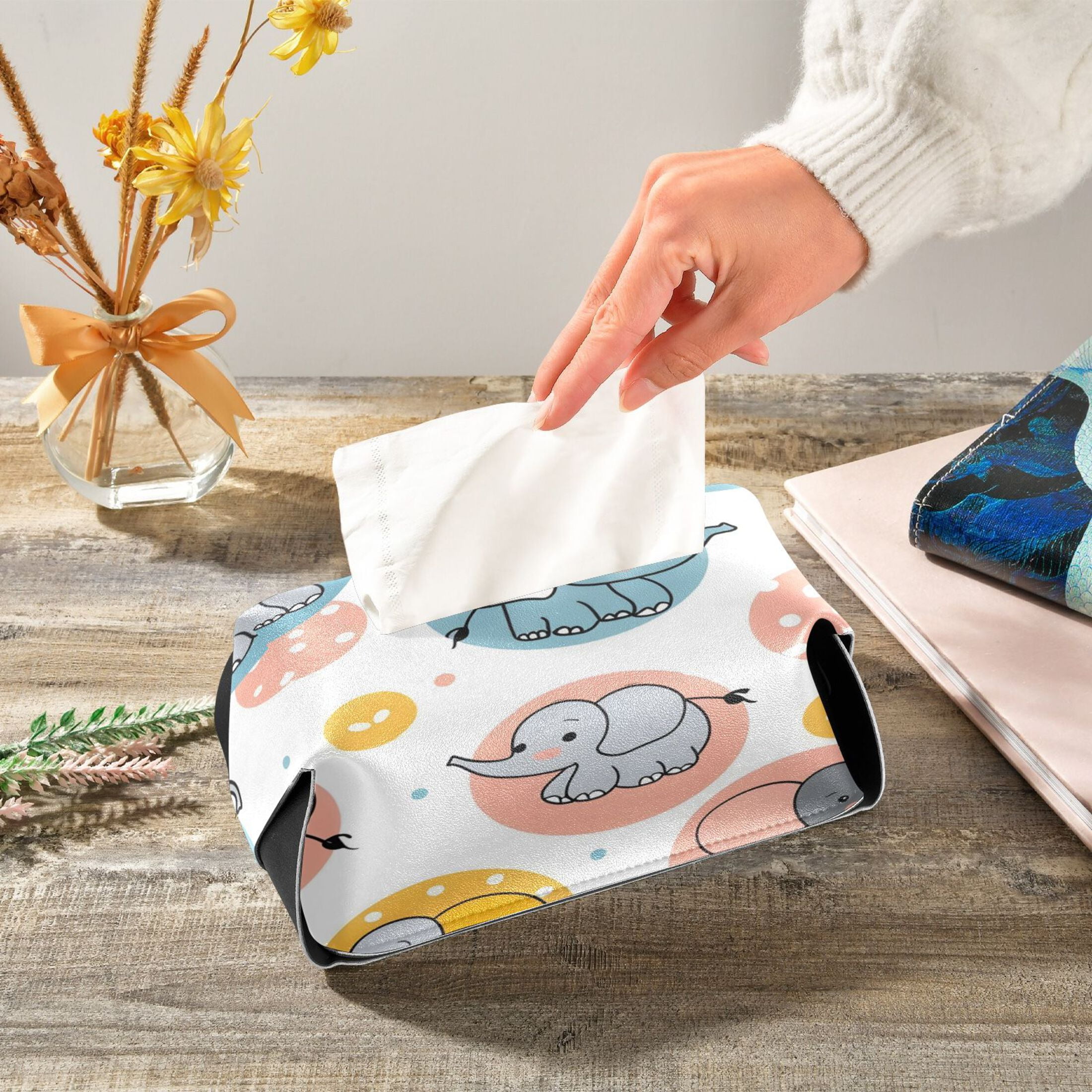 Little Elephants in Circles Leather Tissue Box Cover Rectangle Tissue ...