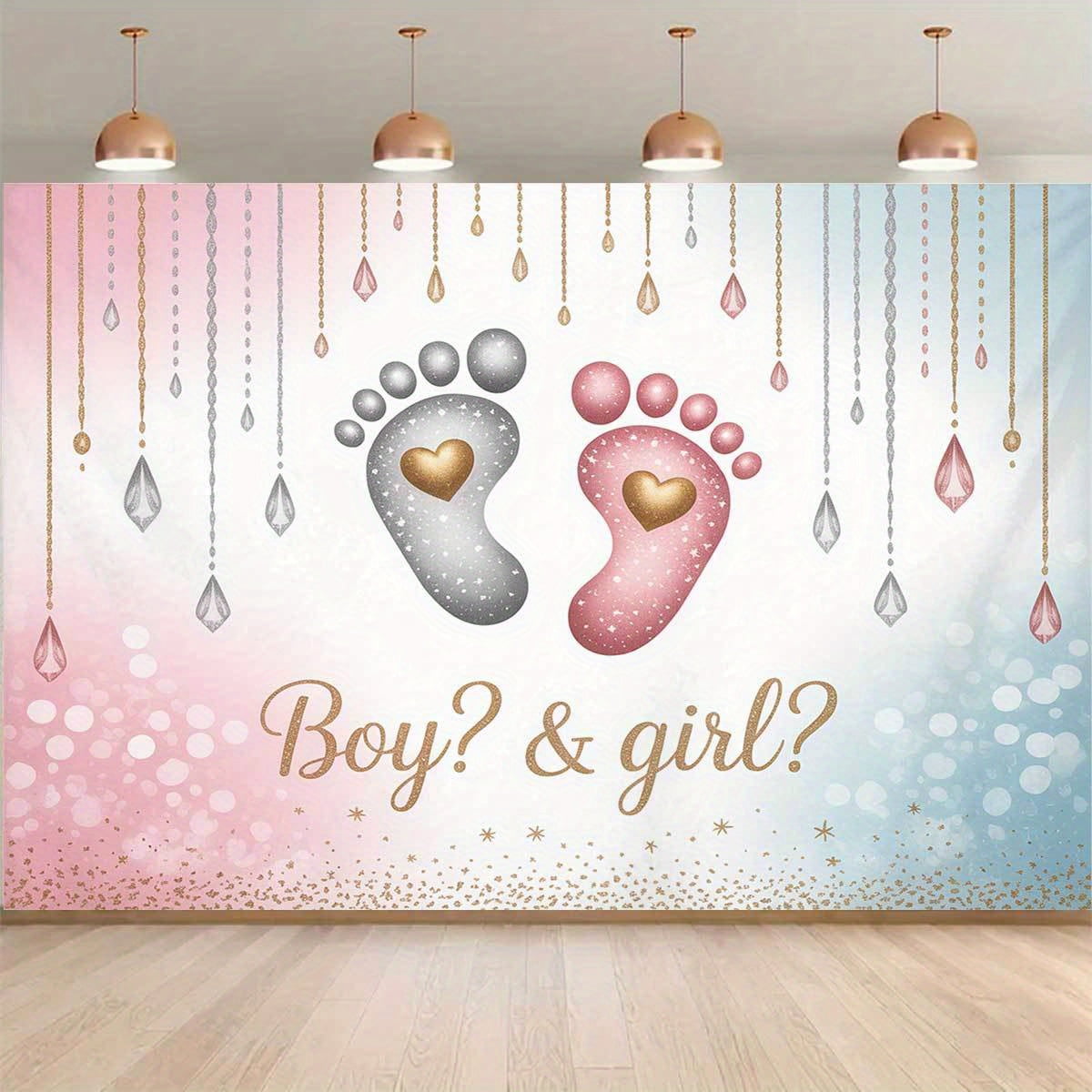 Little Feet Gender Reveal Backdrop Golden Glitter Heart Boy or Girl ...
