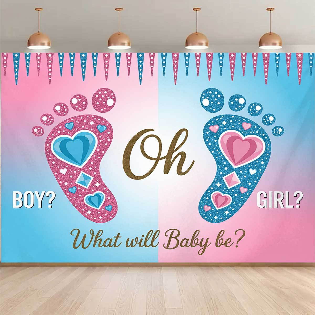 Little Feet Gender Reveal Backdrop Oh What Will Baby Be Baby Shower Boy ...