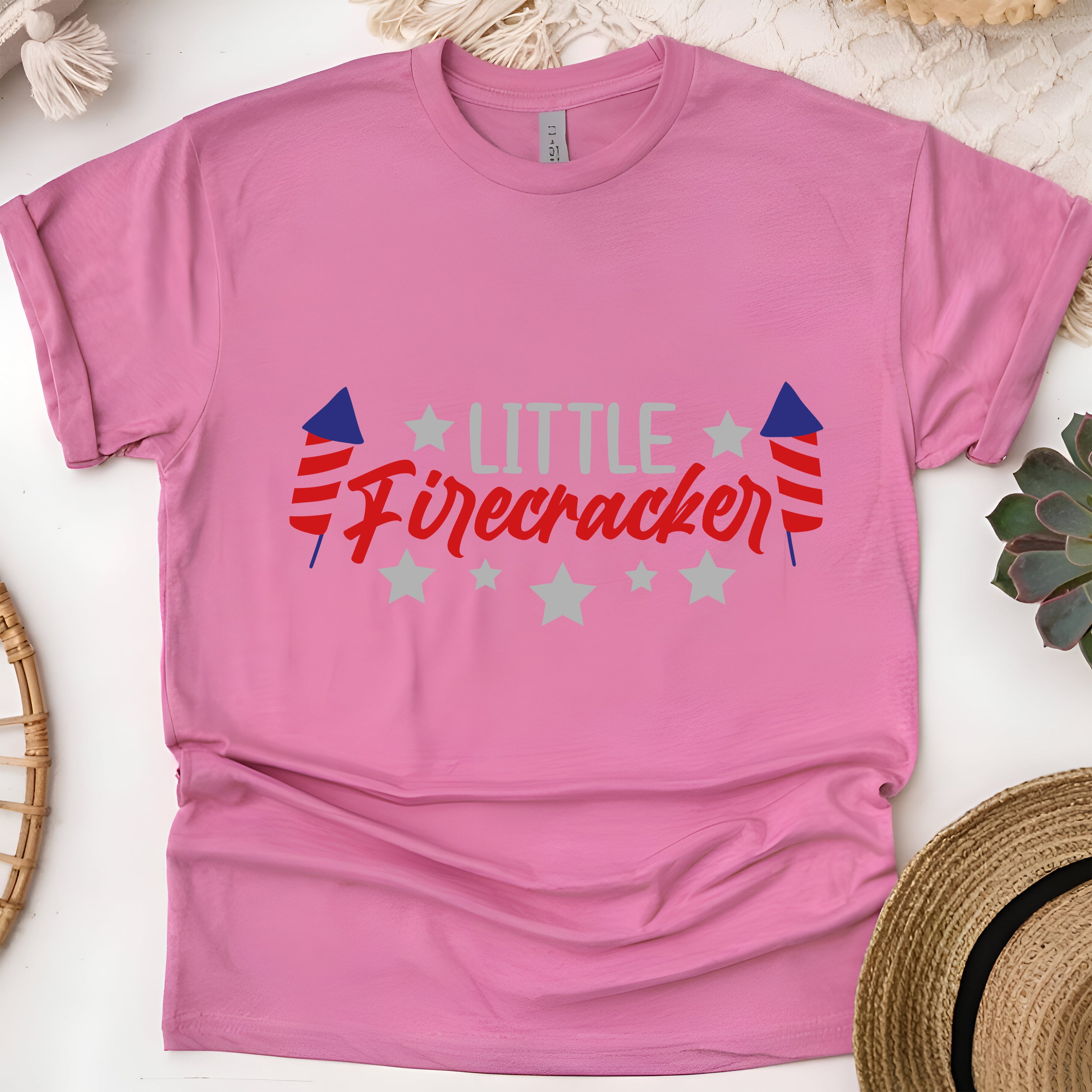 Little Firecracker Kids T-Shirt, Patriotic Red White Blue Rocket Tee, Heliconia, Size S ...