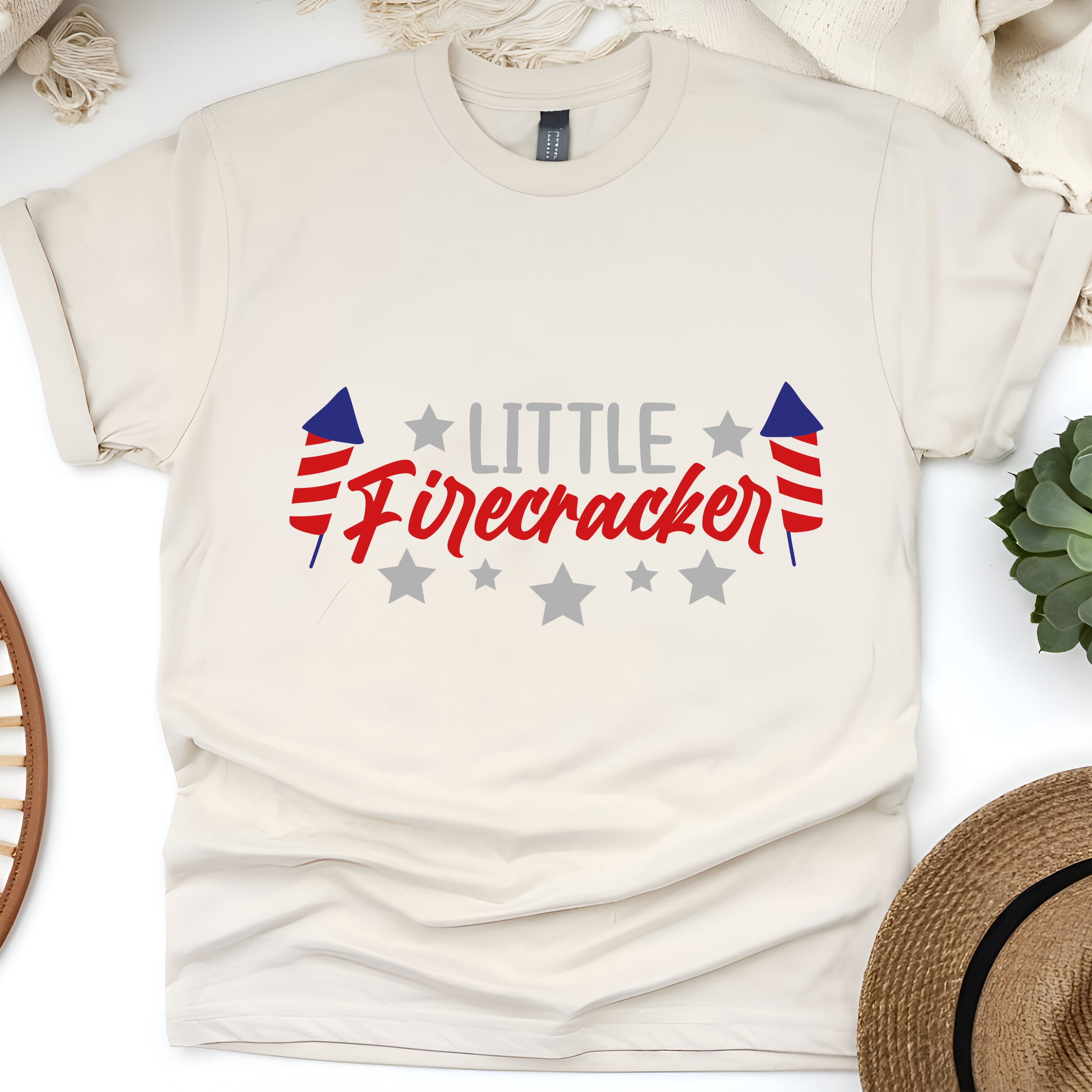 Little Firecracker Kids T-Shirt, Patriotic Red White Blue Rocket Tee ...