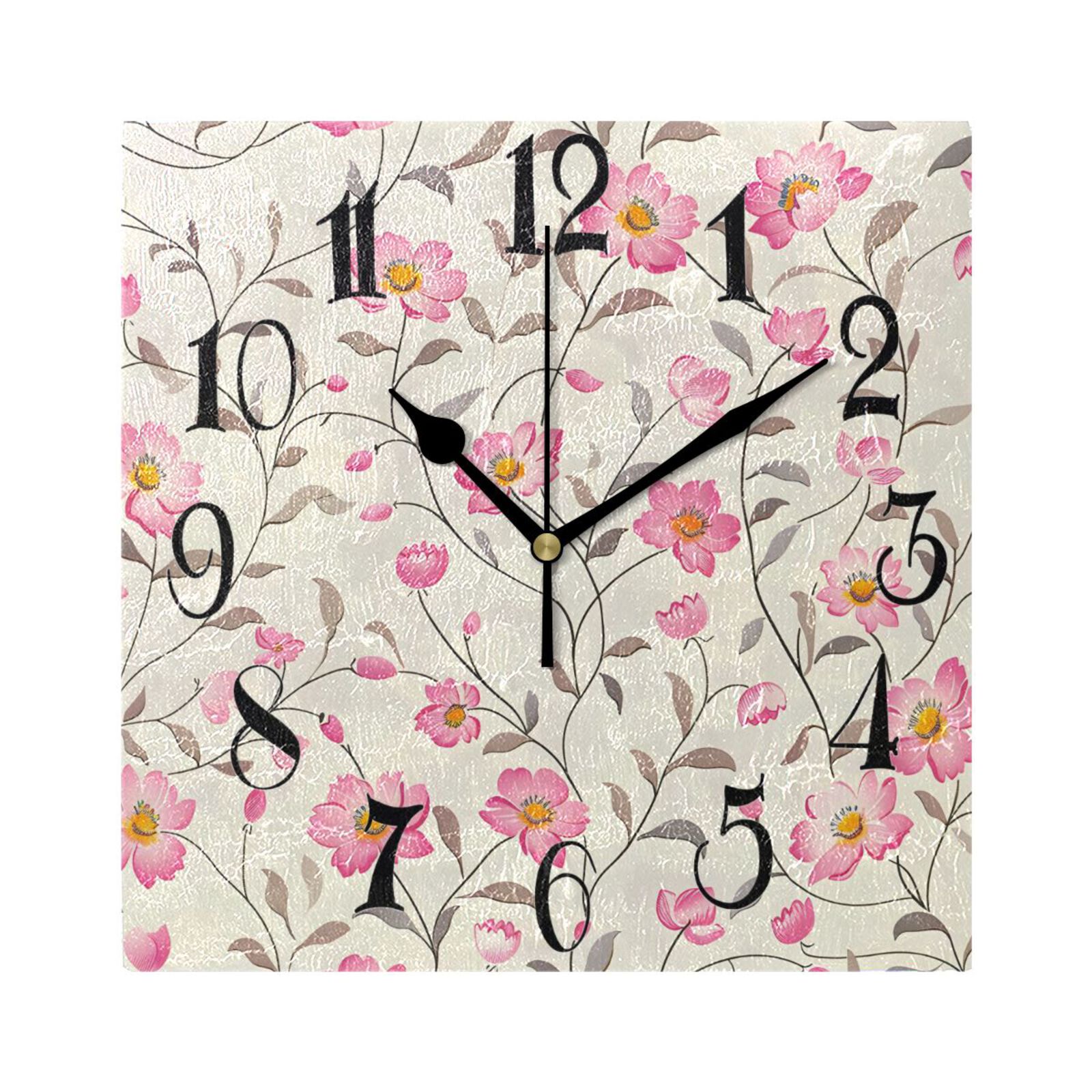 Little Flowers Floral Wall Clock Decorative Square Silent Non-Ticking ...