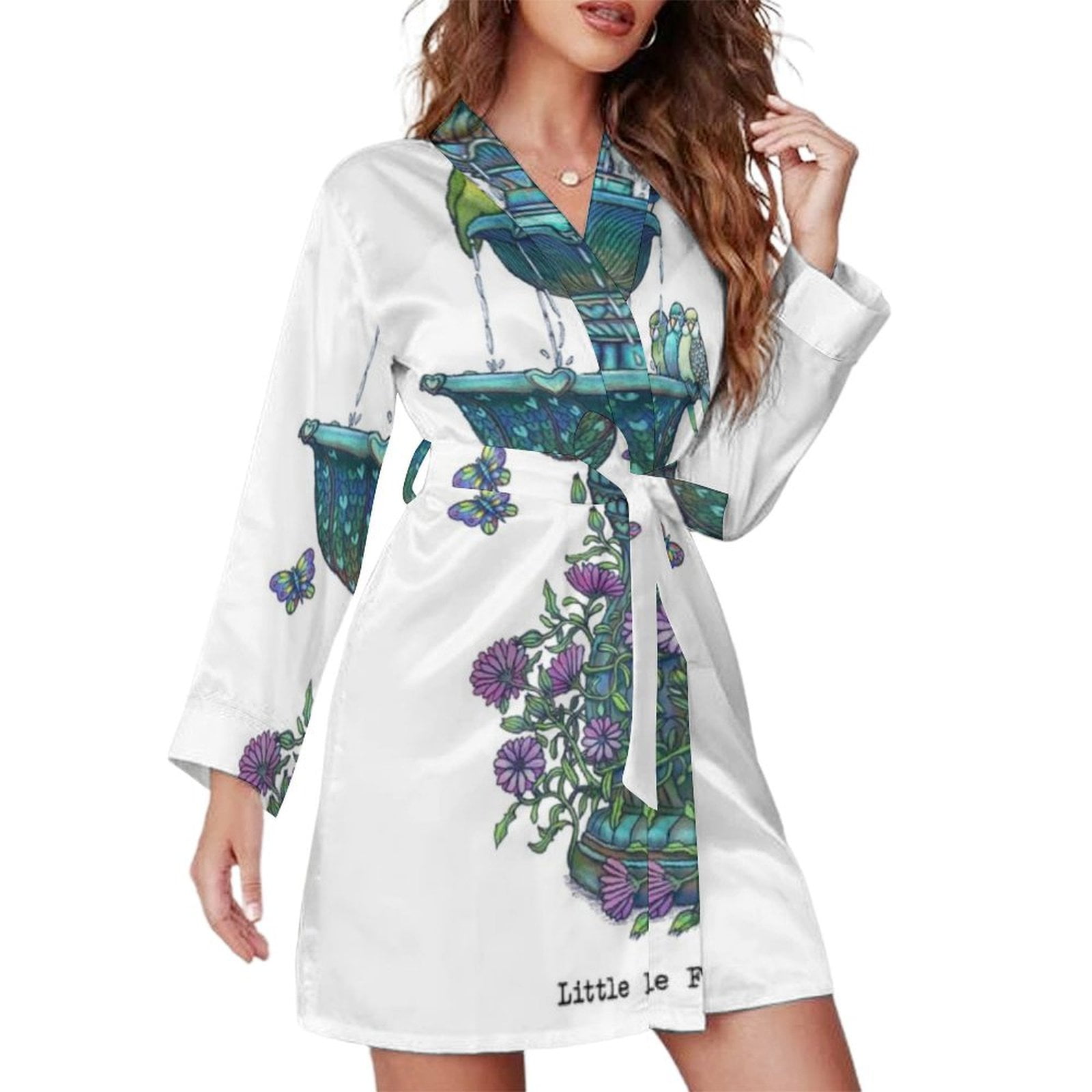 Little Fountain Night Robe Long Sleeve V Neck Robe With Belt Women's ...