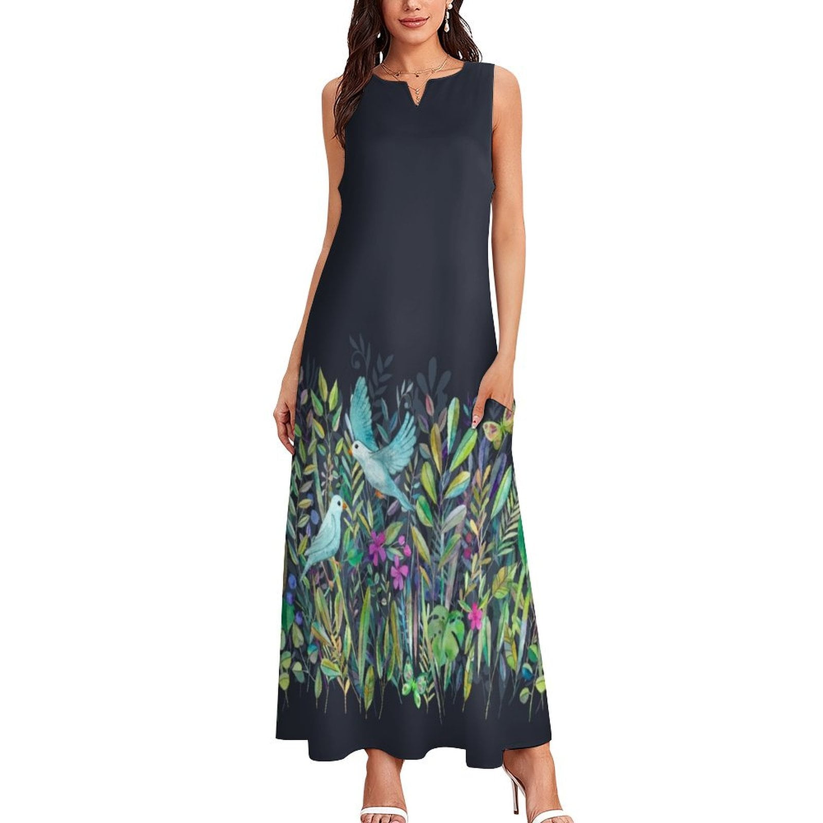 Little Garden Birds in Watercolor Long Dress luxury evening dresses ...