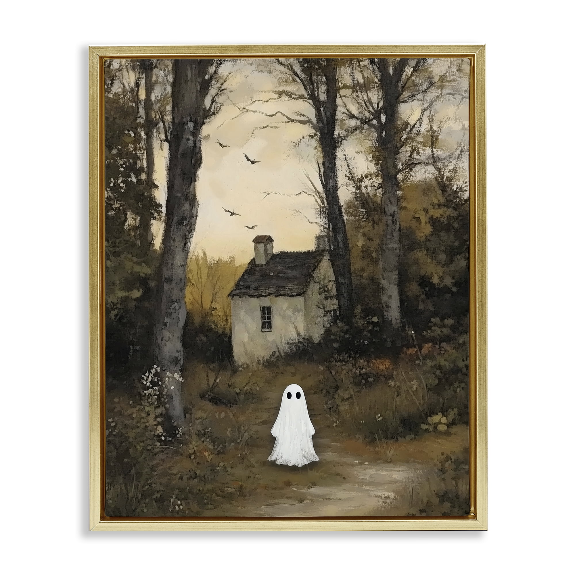 Little Ghost in Cottage Forest Gold Framed Floater Canvas Wall Art ...