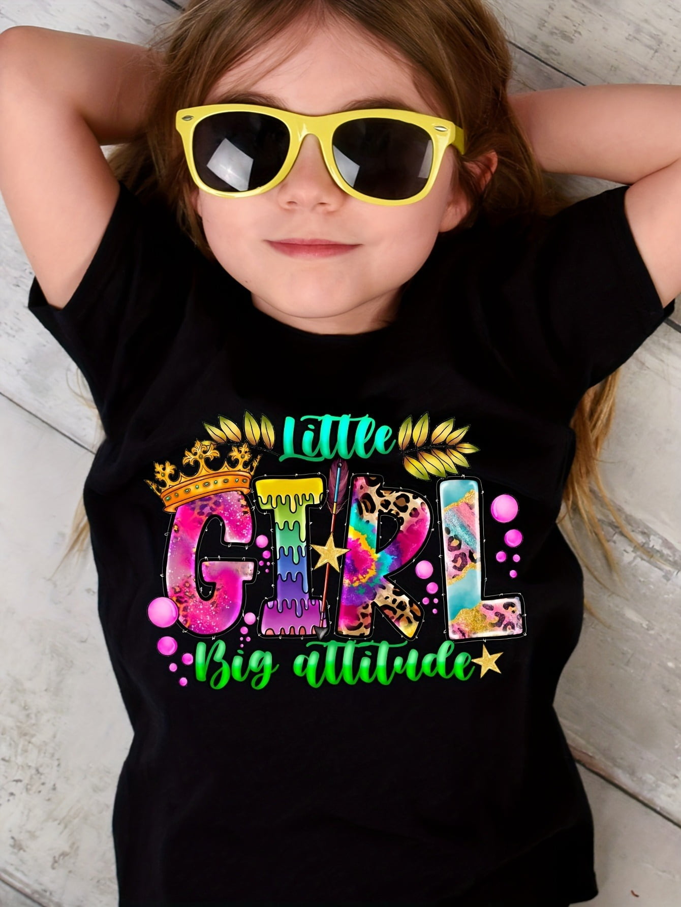Little Girl Big Temper & Crown Pattern T-Shirt, Girls Stylish And ...
