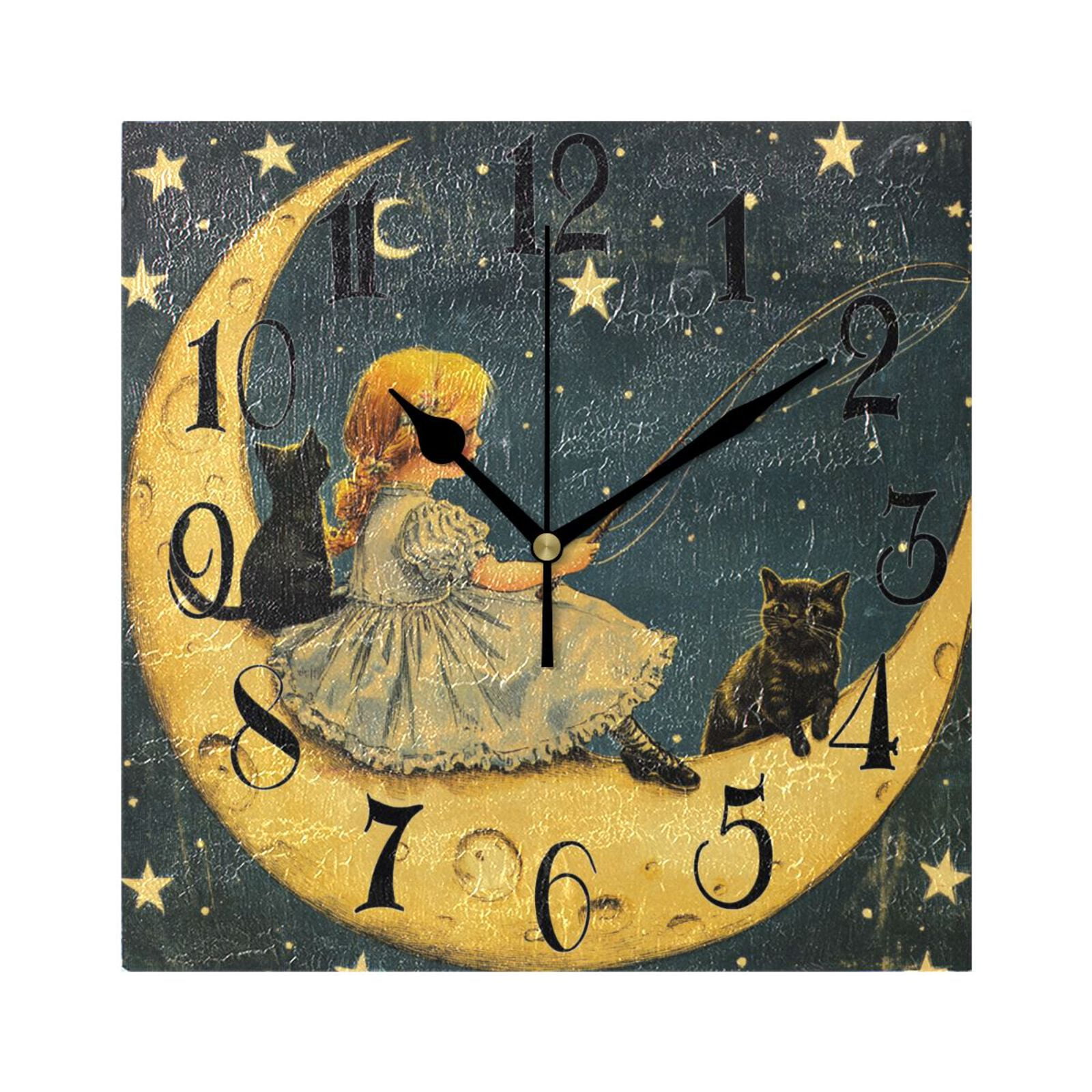Little Girl Cats and Moon Stars Wall Clock Decorative Square Silent Non ...