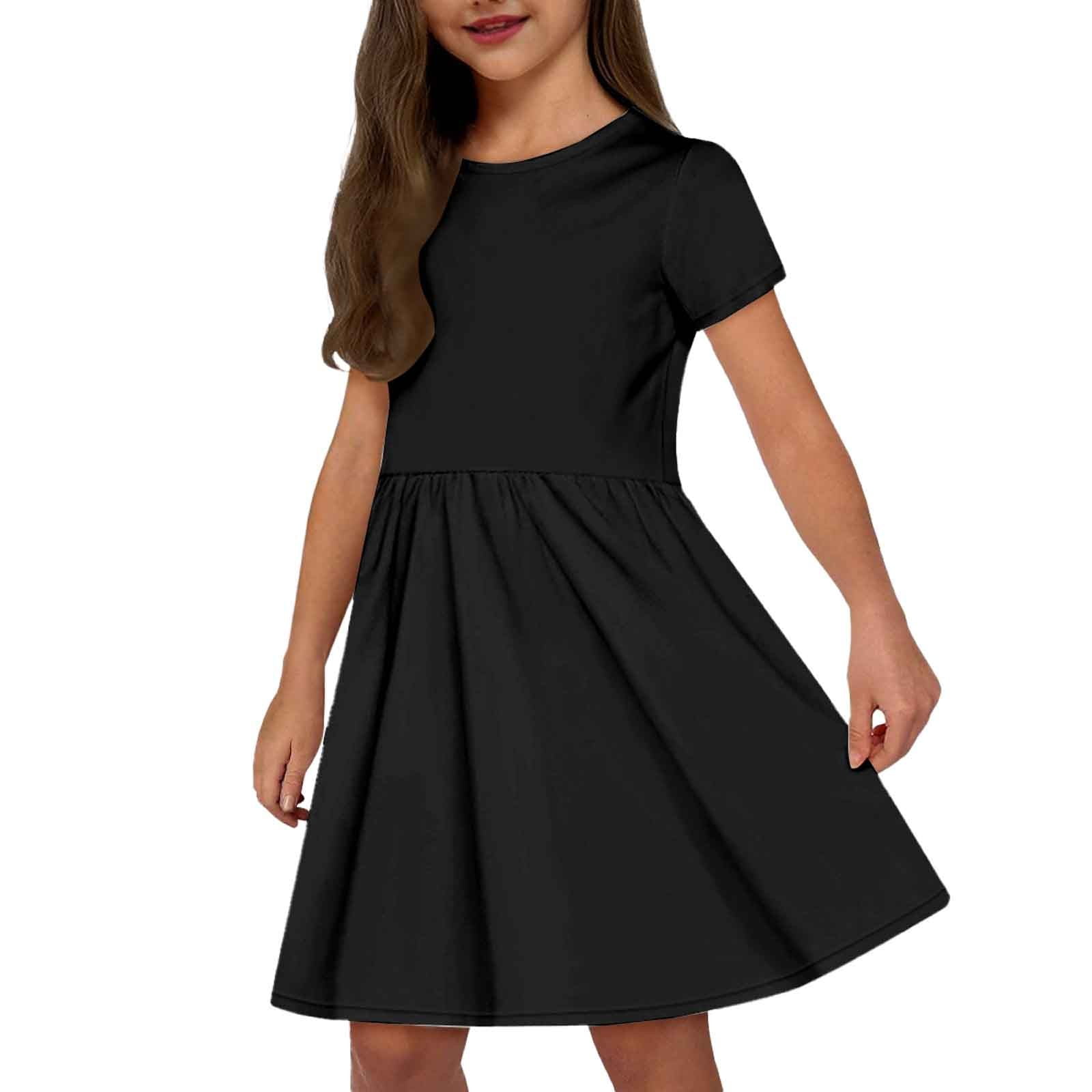 Little Girl Dress Short Sleeve Tiered Swing A-Line Cute Black Dresses ...