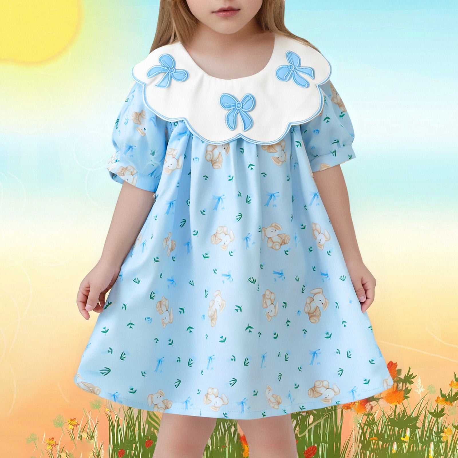 Little Girl Dresses Kids Toddler Girls Summer Puff Sleeve Peter Pan ...