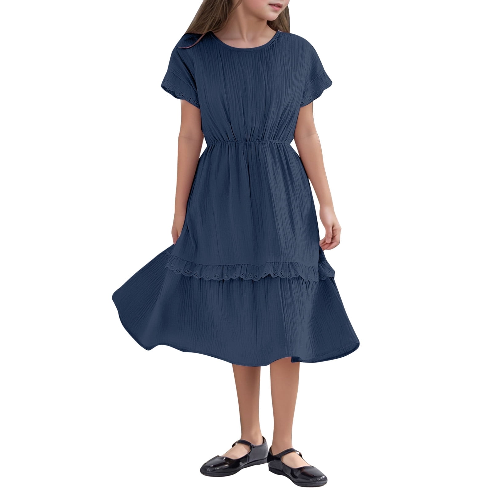 Little Girl Dresses Short Sleeve Tiered Swing A-Line Cute Navy Dress ...