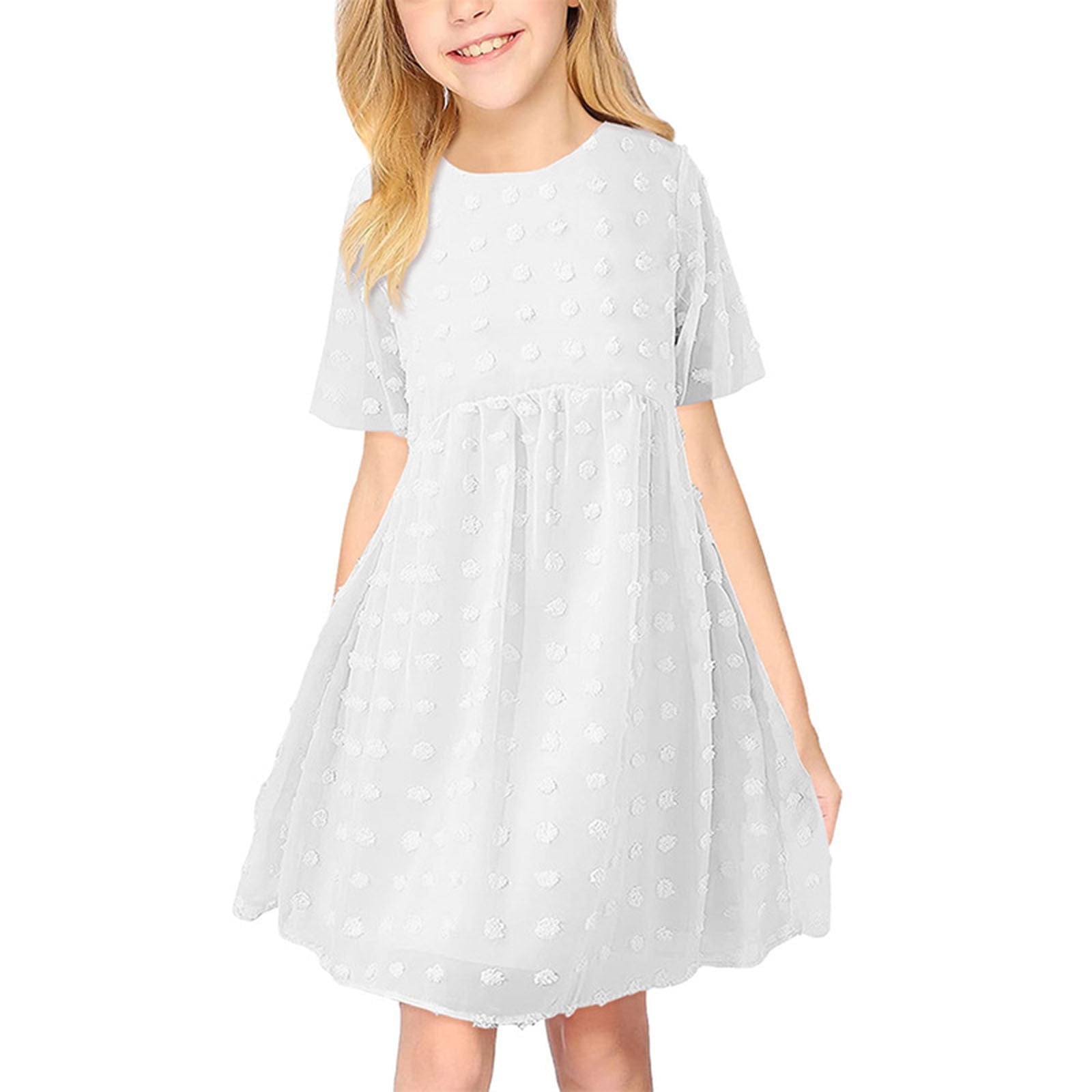 Little Girl Dresses Size 7 Years-8 Years Dot Dress Short Sleeve Pleated ...